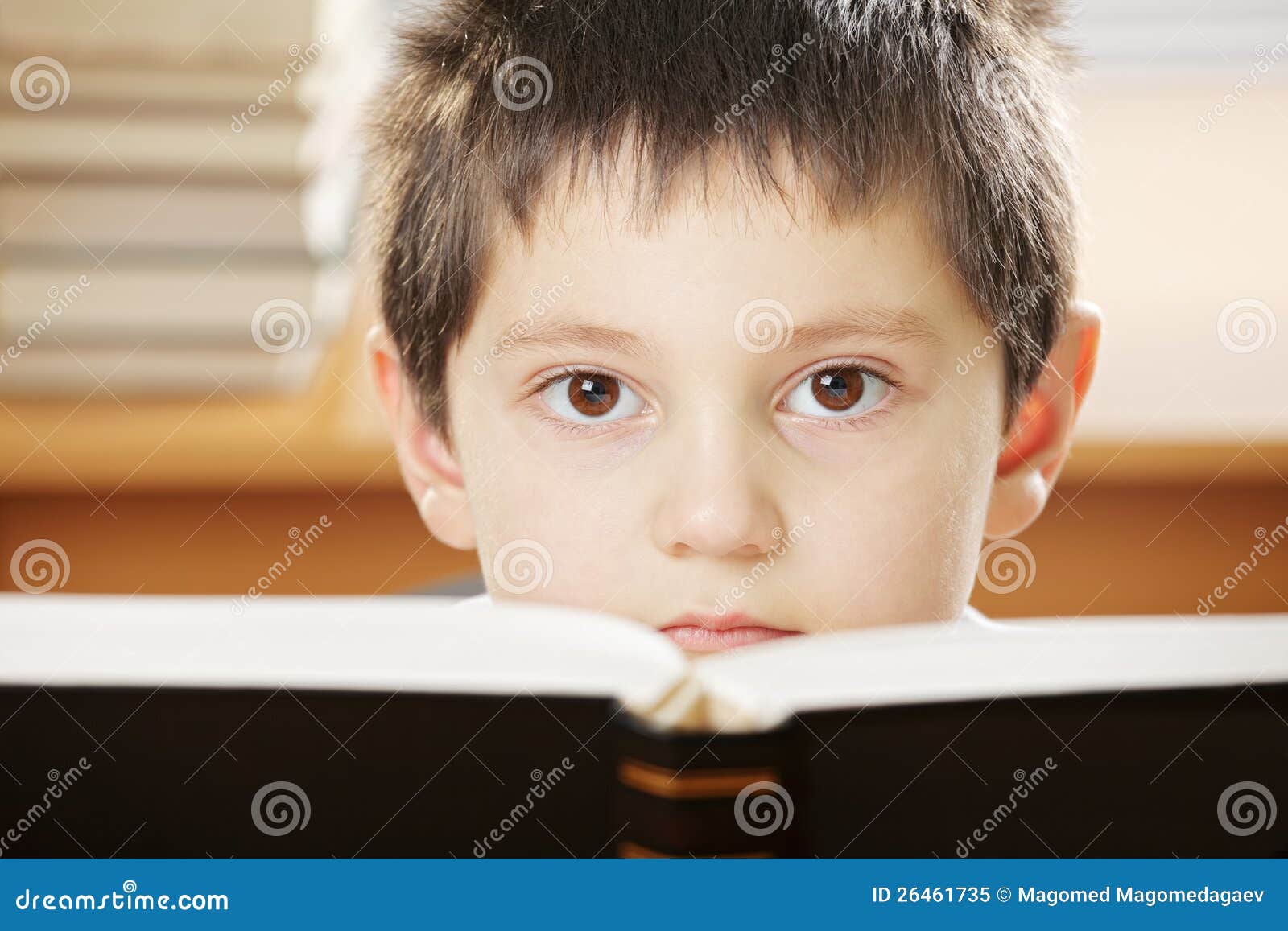 Boy looking over book stock image. Image of desk, book - 26461735