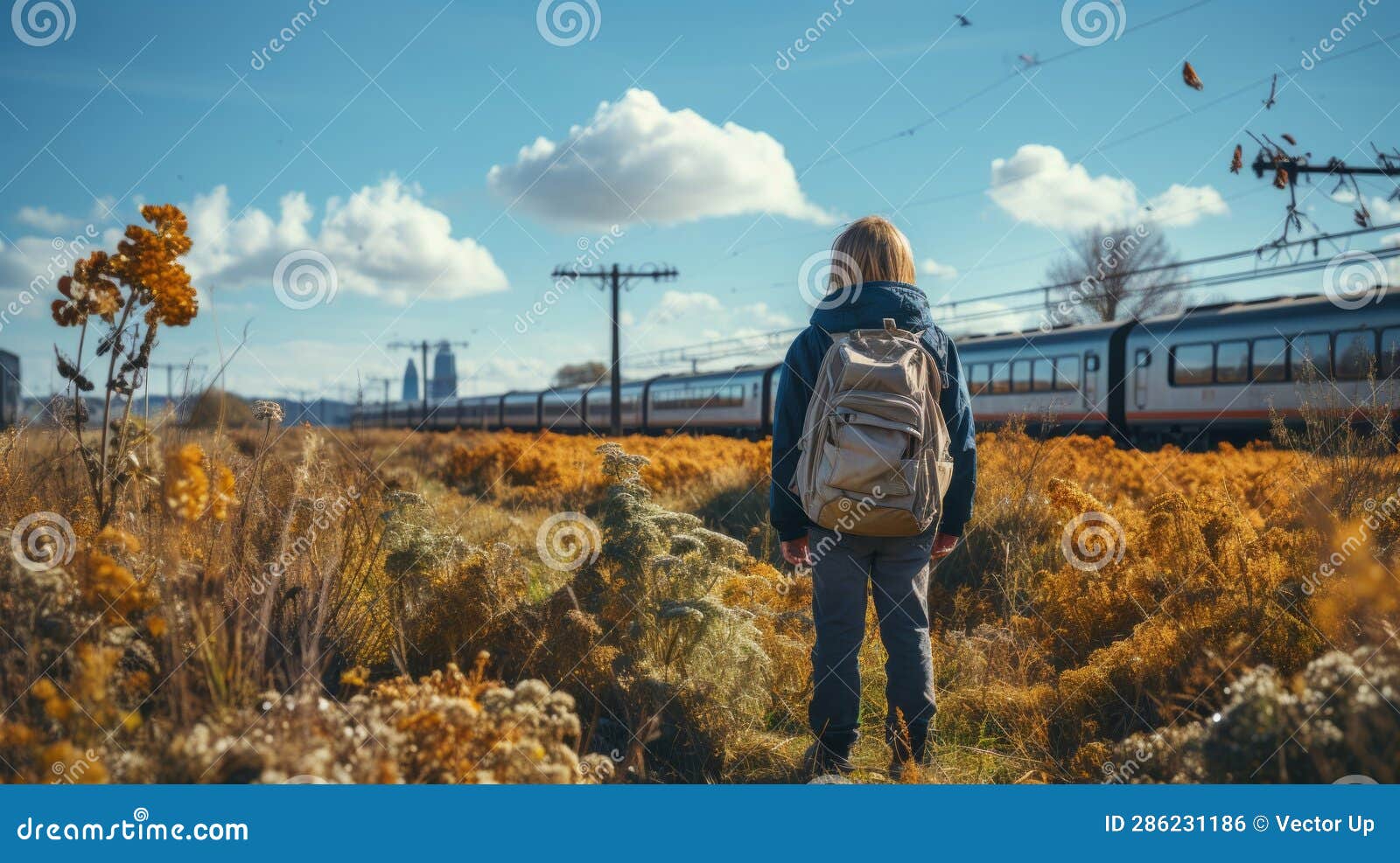 A Boy Looking at a Train Rushing Back View. Generative AI. Stock ...