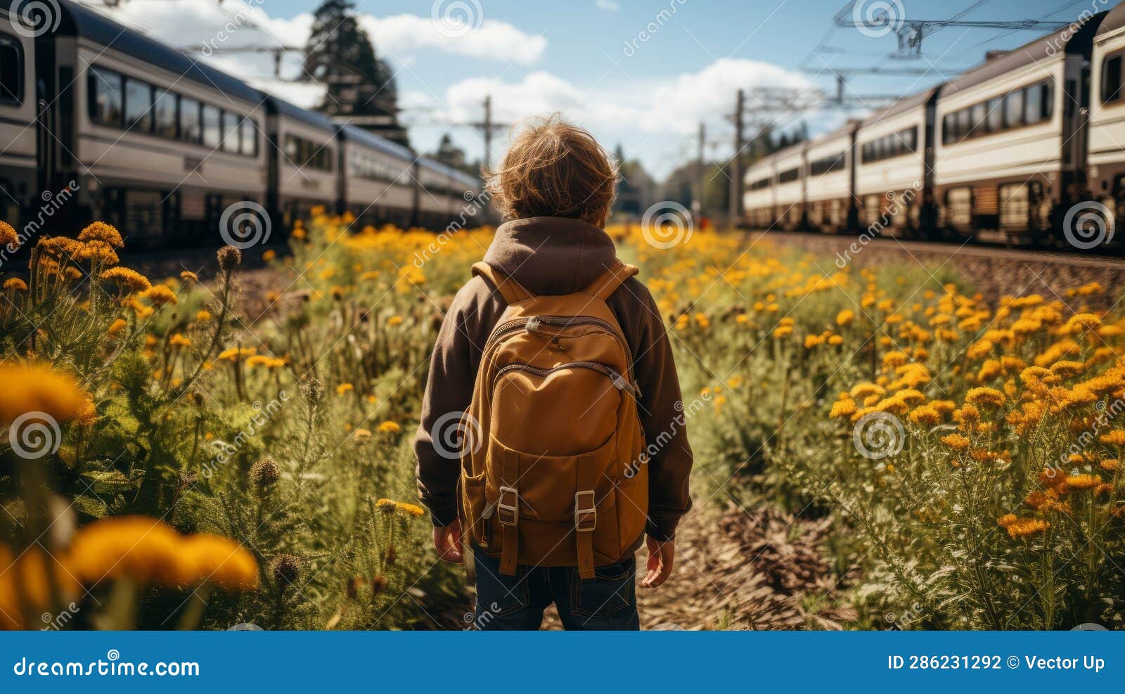 A Boy Looking at a Train Rushing Back View. Generative AI. Stock ...