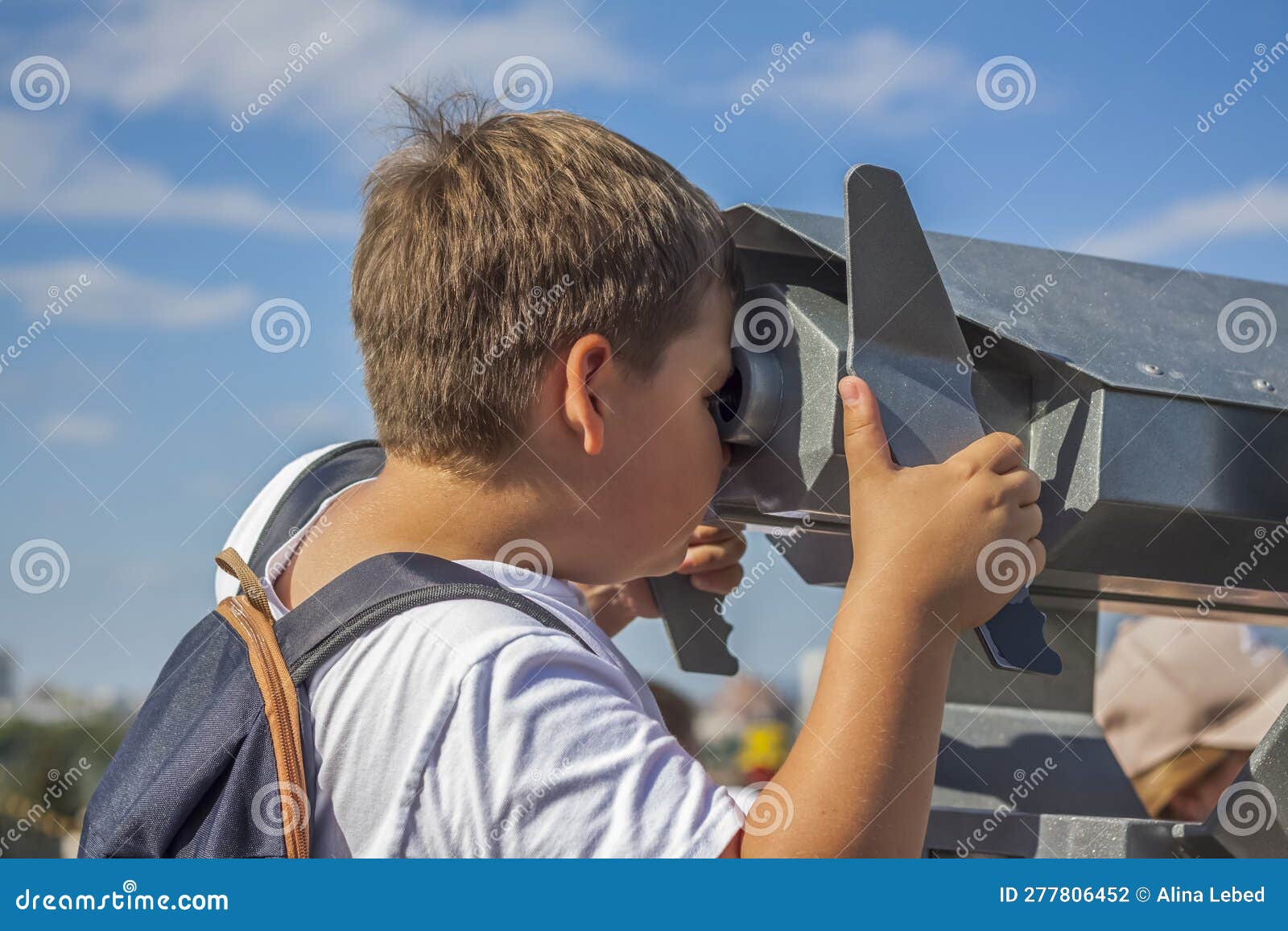 The Boy Looks through Binoculars from the Observation Deck. Journey ...