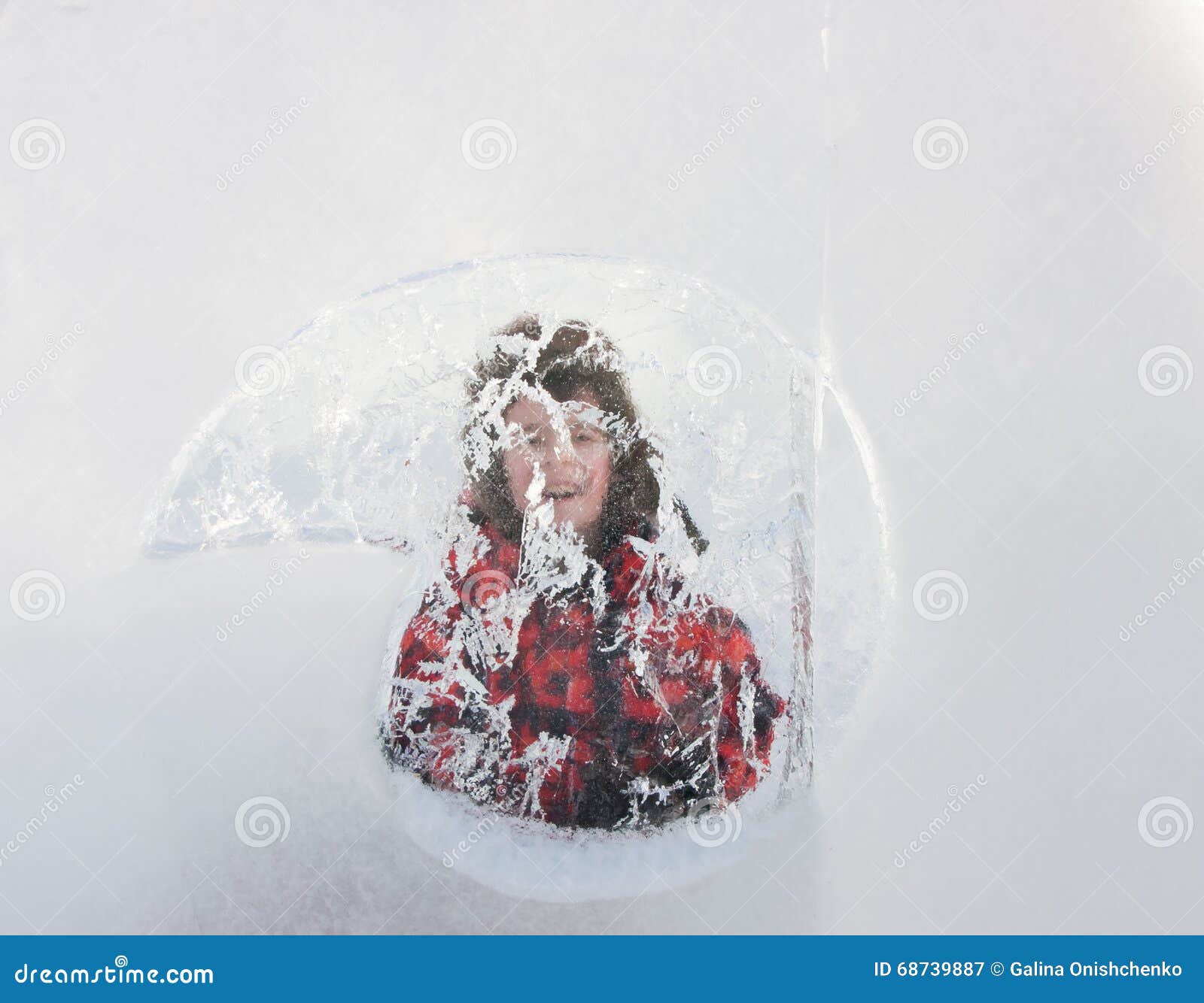 The Boy Looks through the Ice Sculpture Stock Image - Image of nature ...