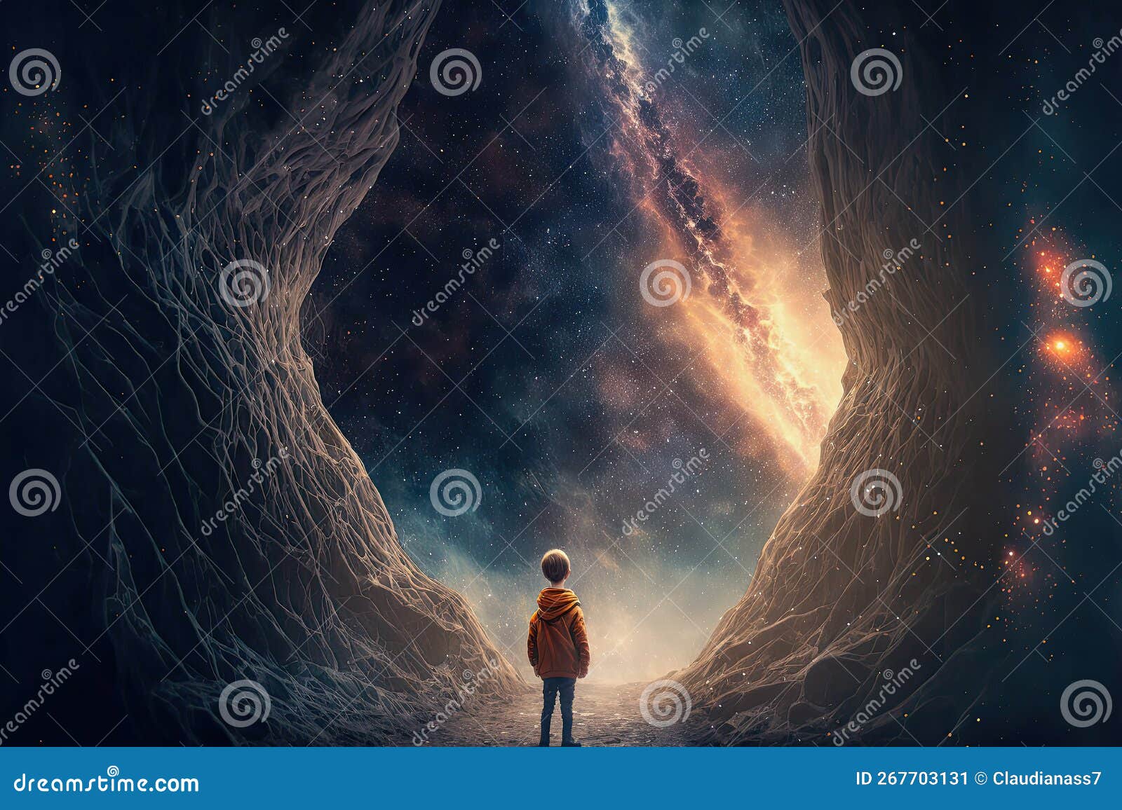 Boy Looks at the Universe in Wonder, Ai Generative Stock Illustration ...
