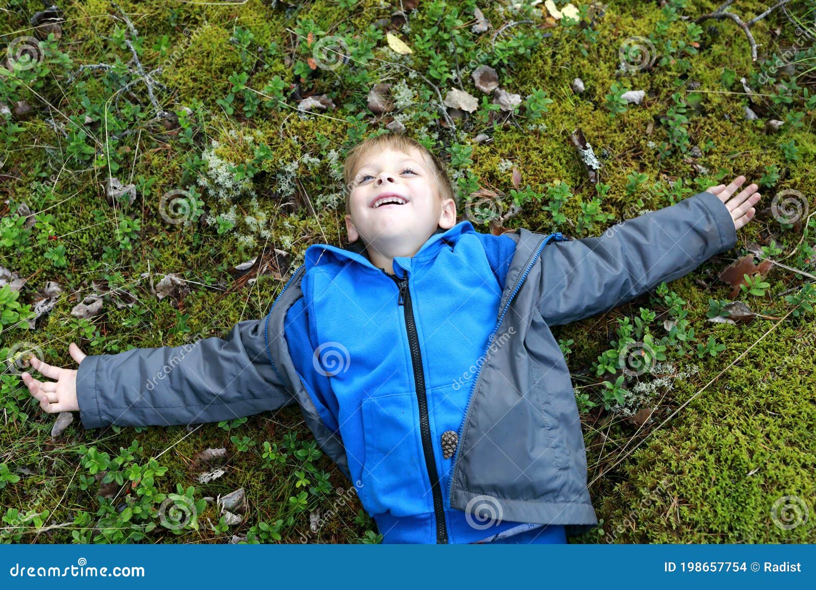 Boy Lying on Grass in Forest Stock Photo - Image of child, holiday ...