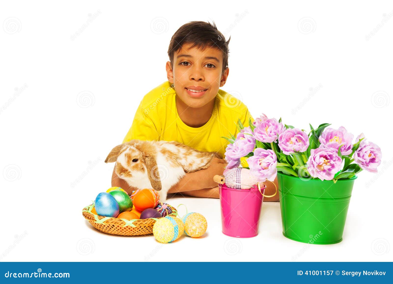 Boy Lying And Hugging Rabbit Near Eastern Eggs Stock Image ...
