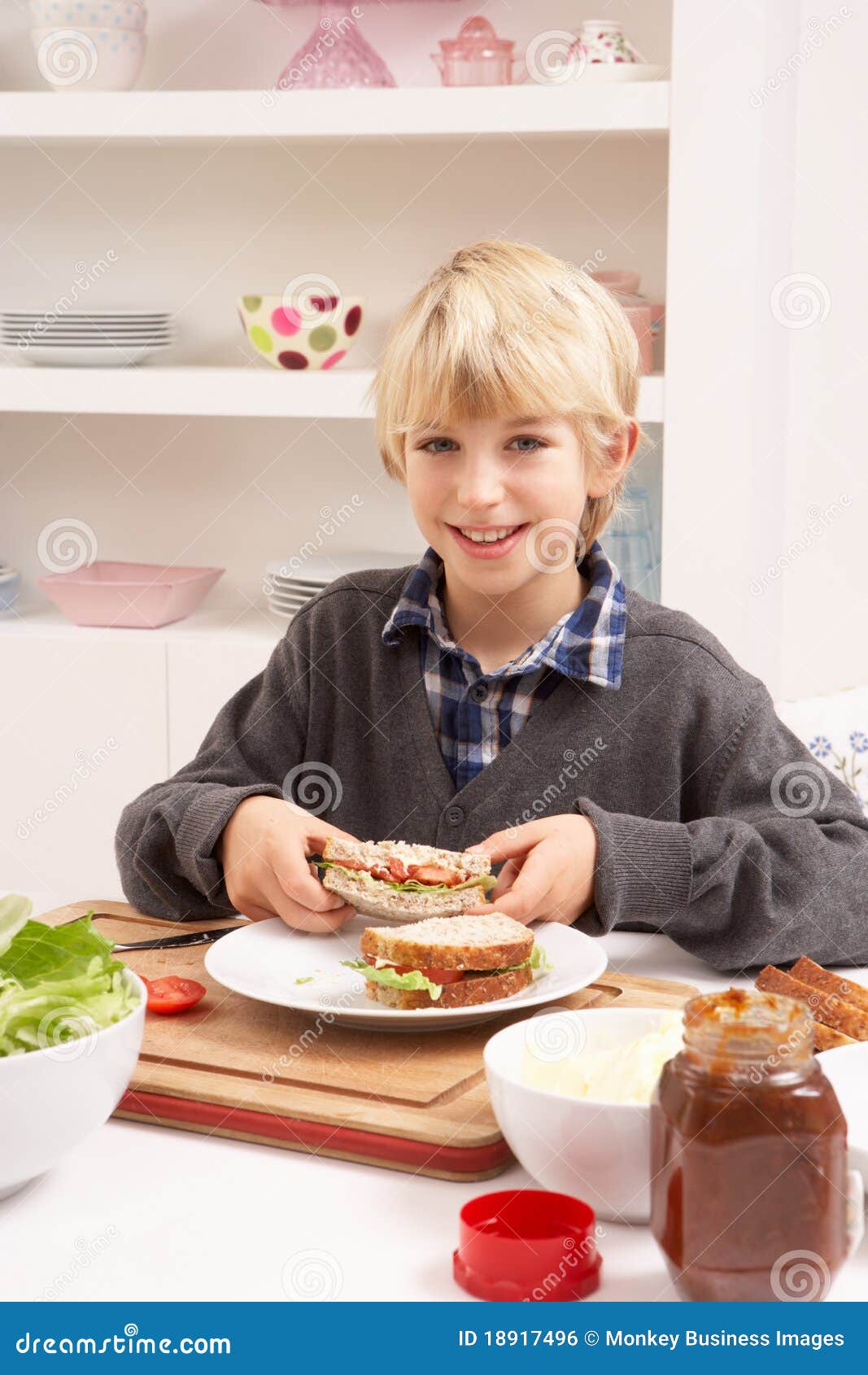 Boy Making Sandwich in Kitchen Stock Photo - Image of food, children ...