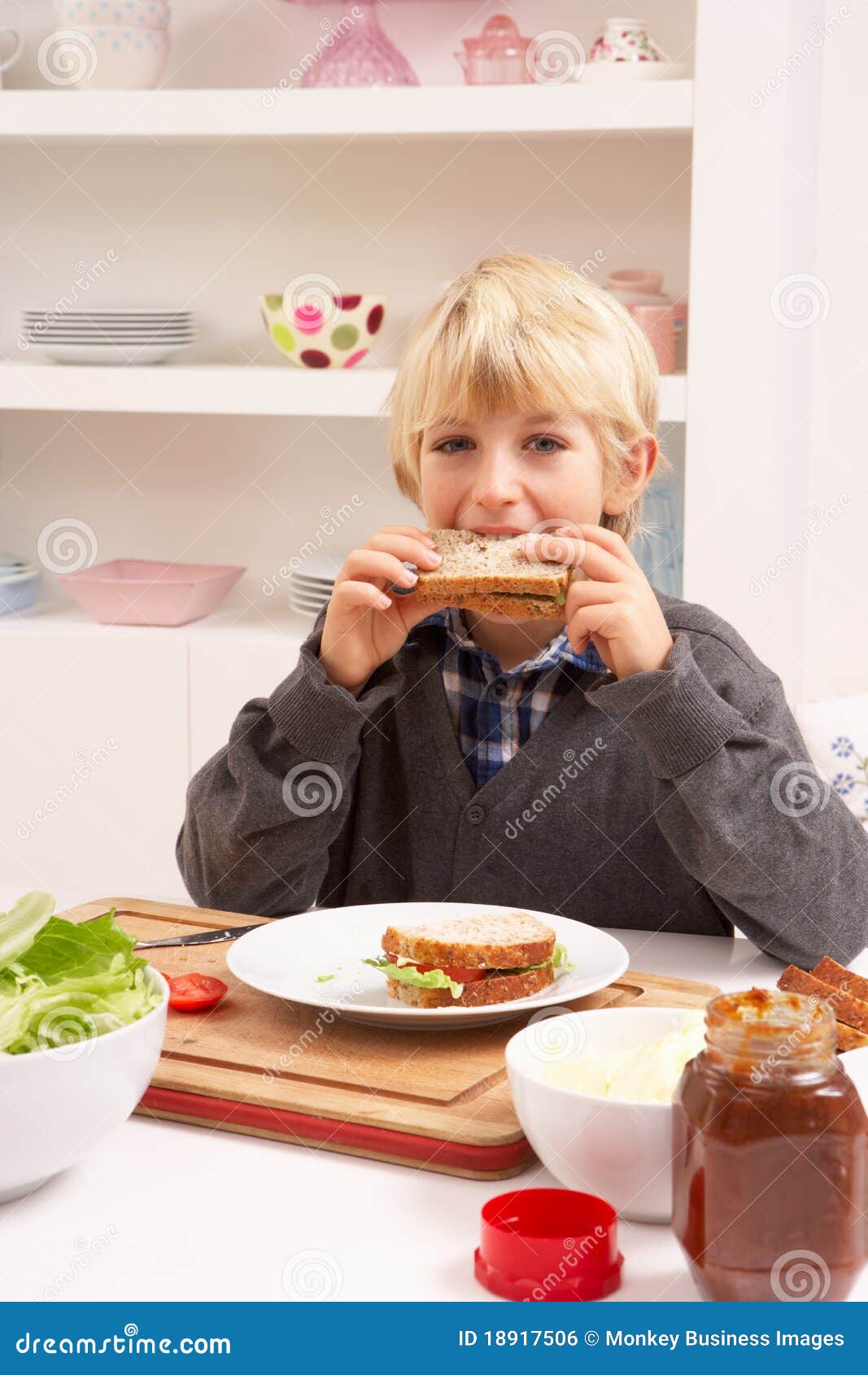 Boy Making Sandwich in Kitchen Stock Photo - Image of lunch, year: 18917506