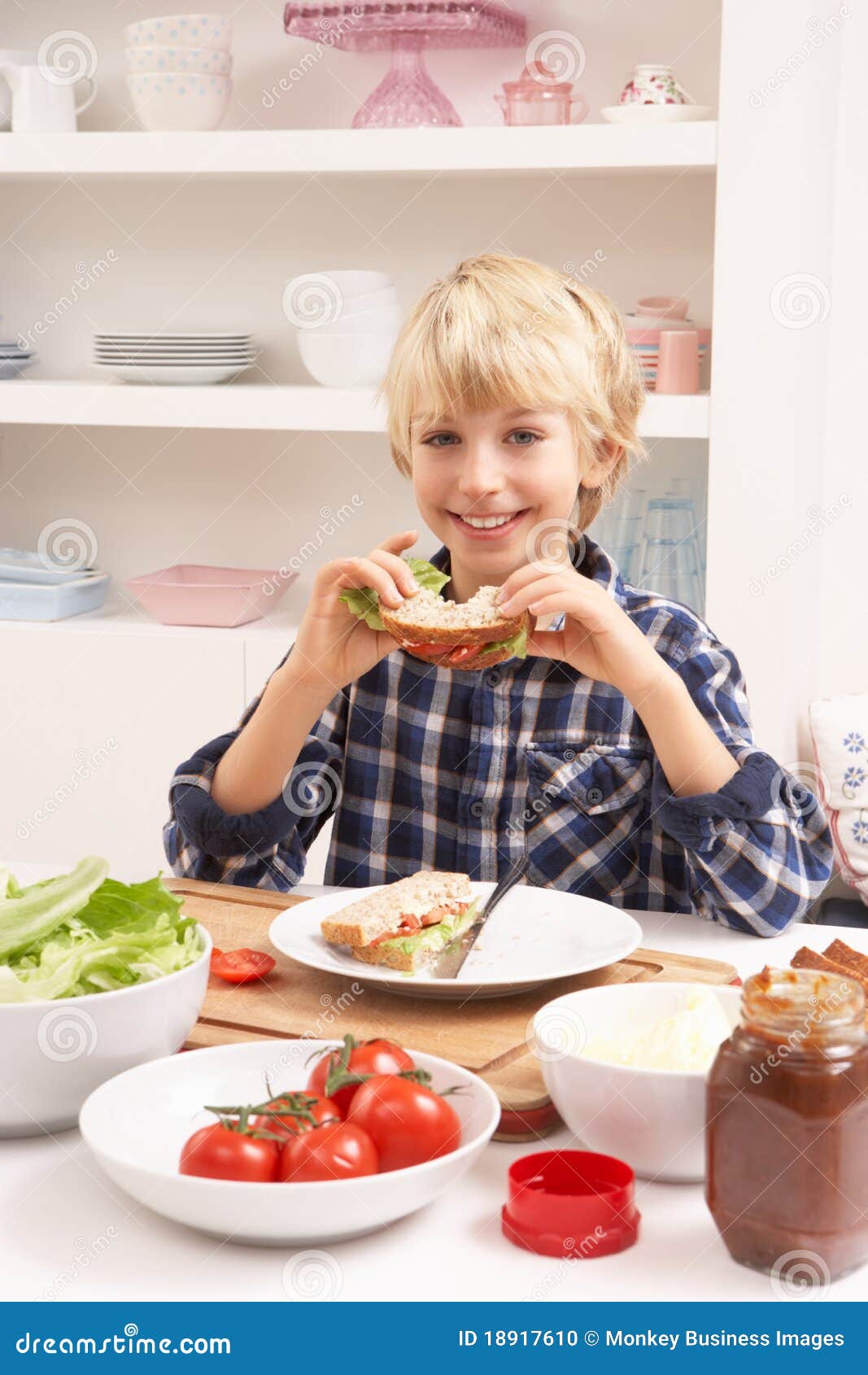 Boy Making Sandwich in Kitchen Stock Photo - Image of indoors ...