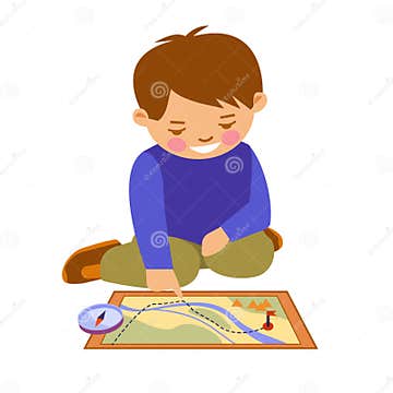 Boy with a Map and Compass. Vector Illustration in Flat Style Stock ...