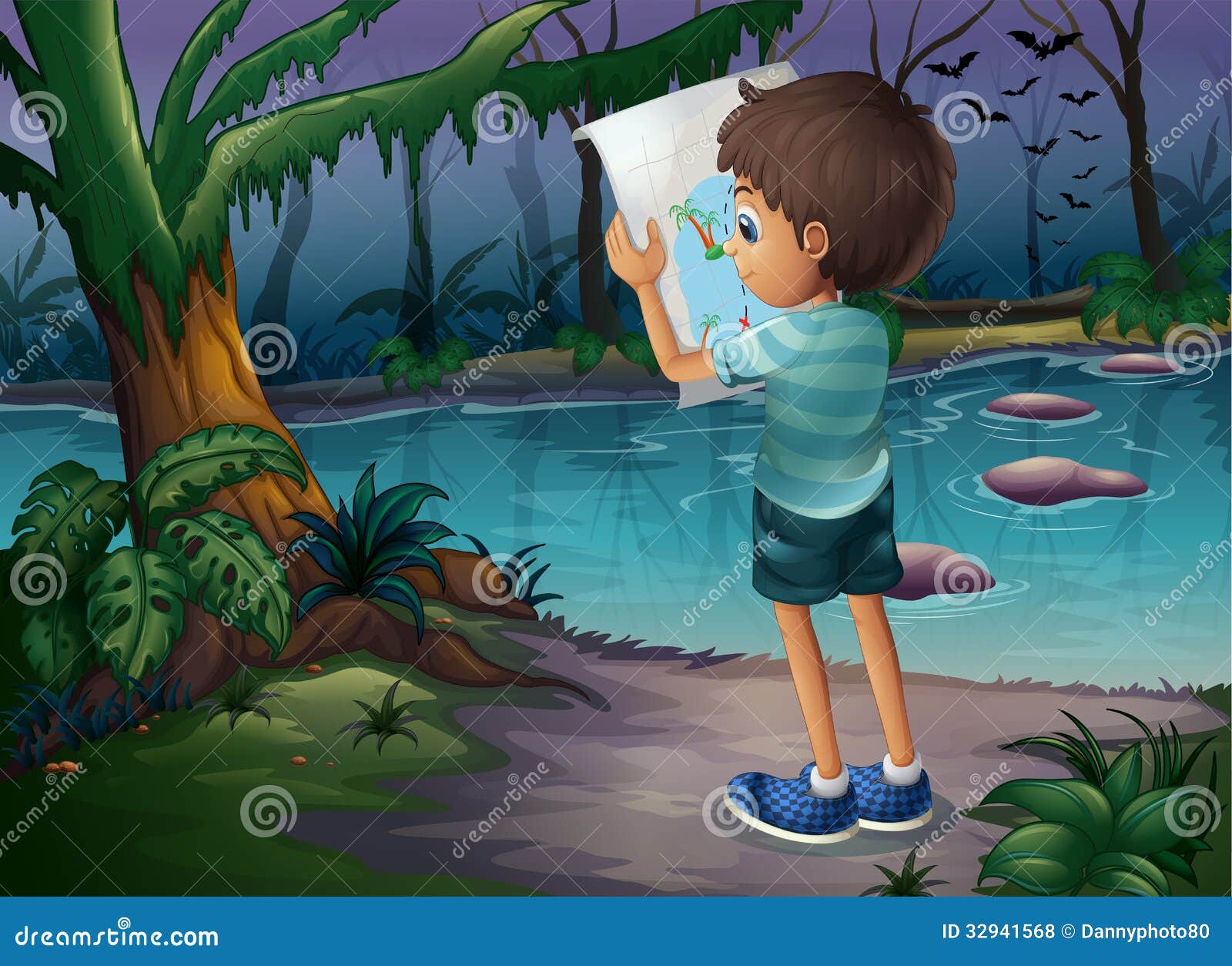 A Boy with a Map Standing in the Middle of the Forest Stock ...