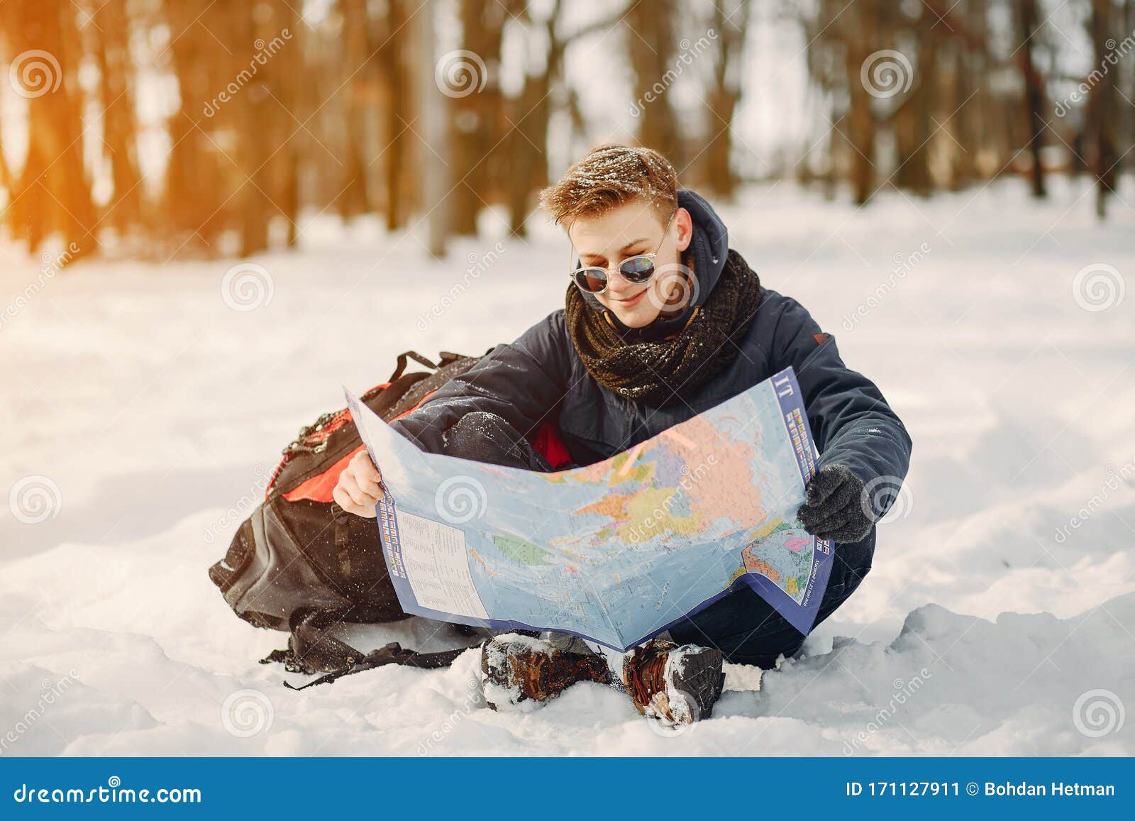 Boy with map stock image. Image of male, forest, face - 171127911