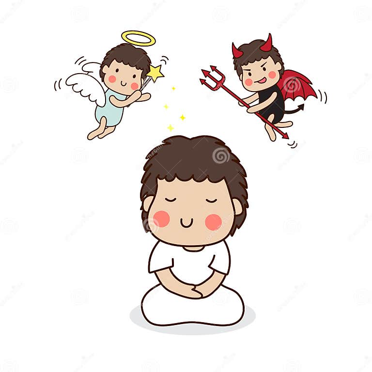 A Boy Meditating with Angel and Devil. Stock Vector - Illustration of ...