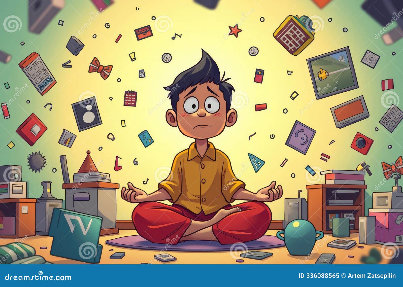 Boy Meditating while Surrounded by Chaos and Distractions, Maintaining ...