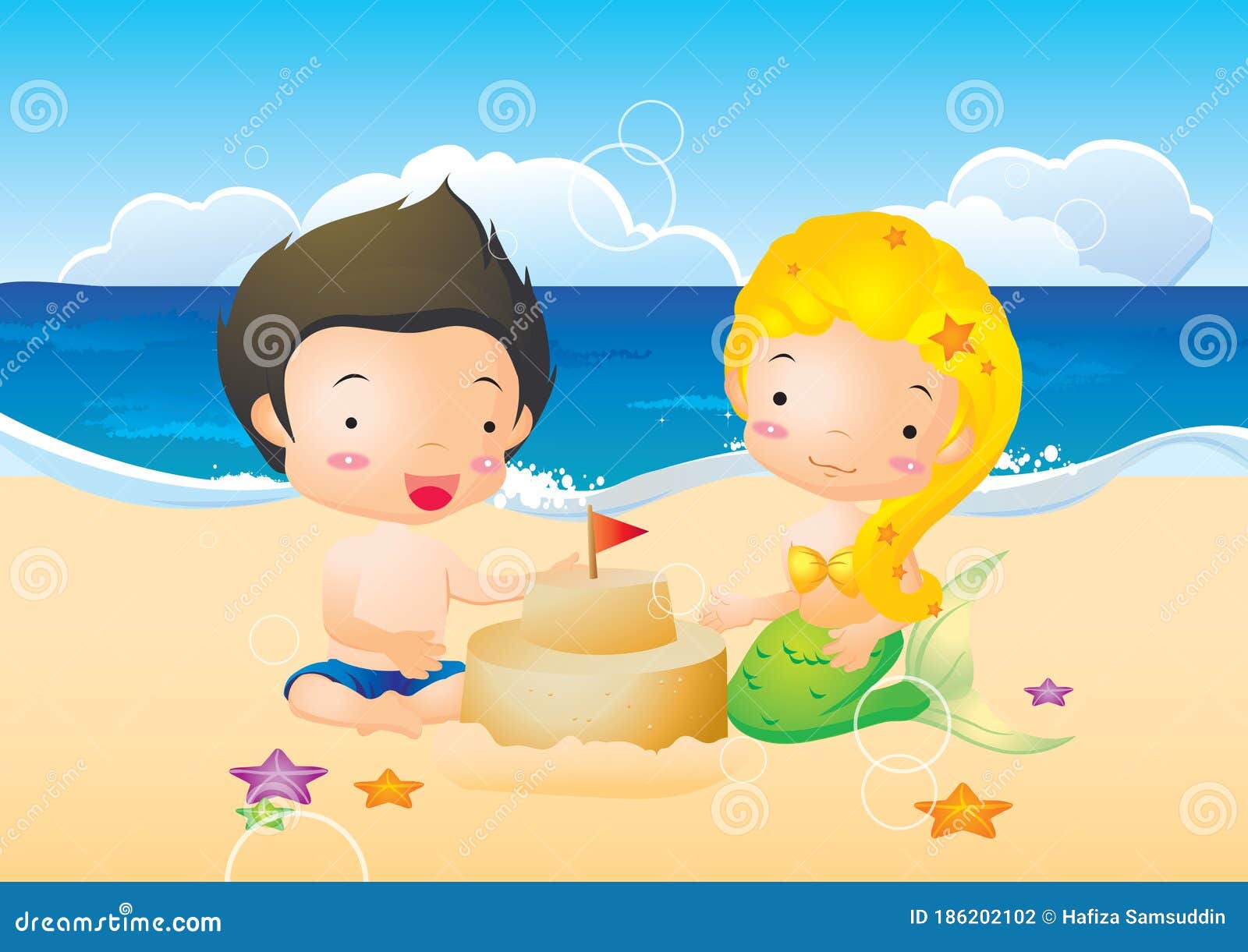 Mermaids Playing With Sea Dwellers And Fishes, Flat Vector Illustration ...