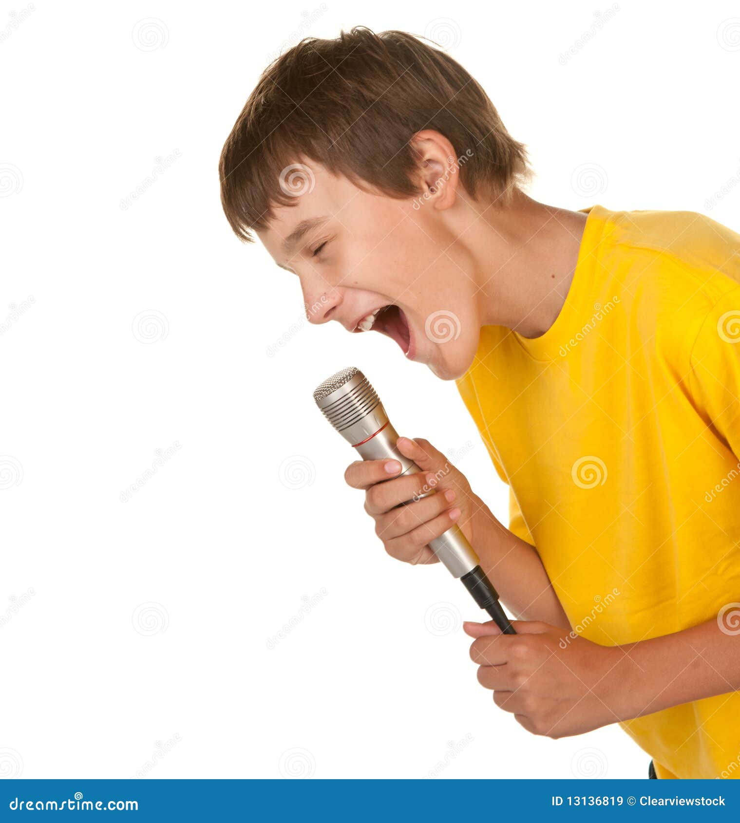 Boy with Microphone on White Stock Image - Image of talking, copyspace ...