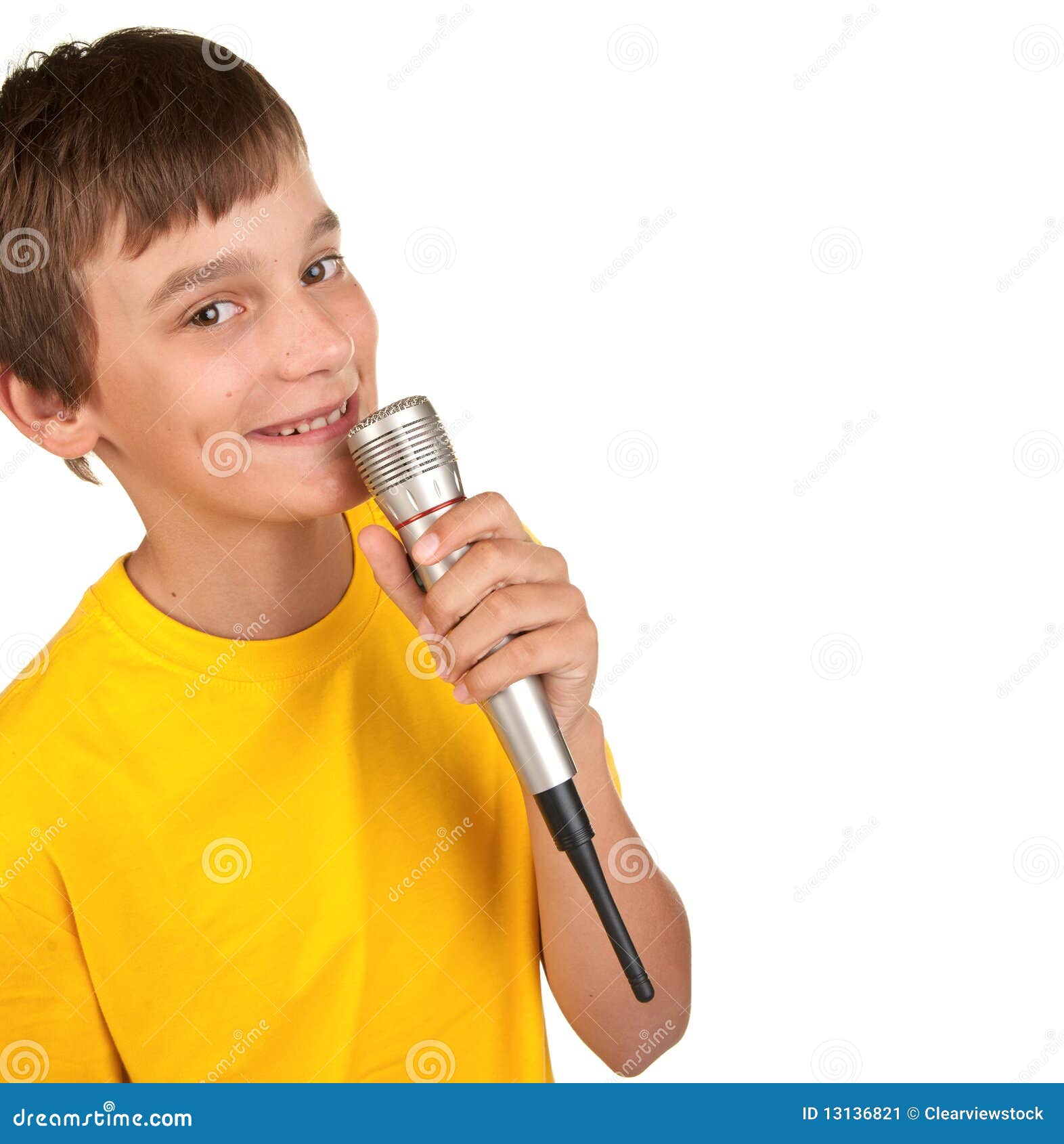 Boy with Microphone on White Stock Image - Image of talk, smiling: 13136821