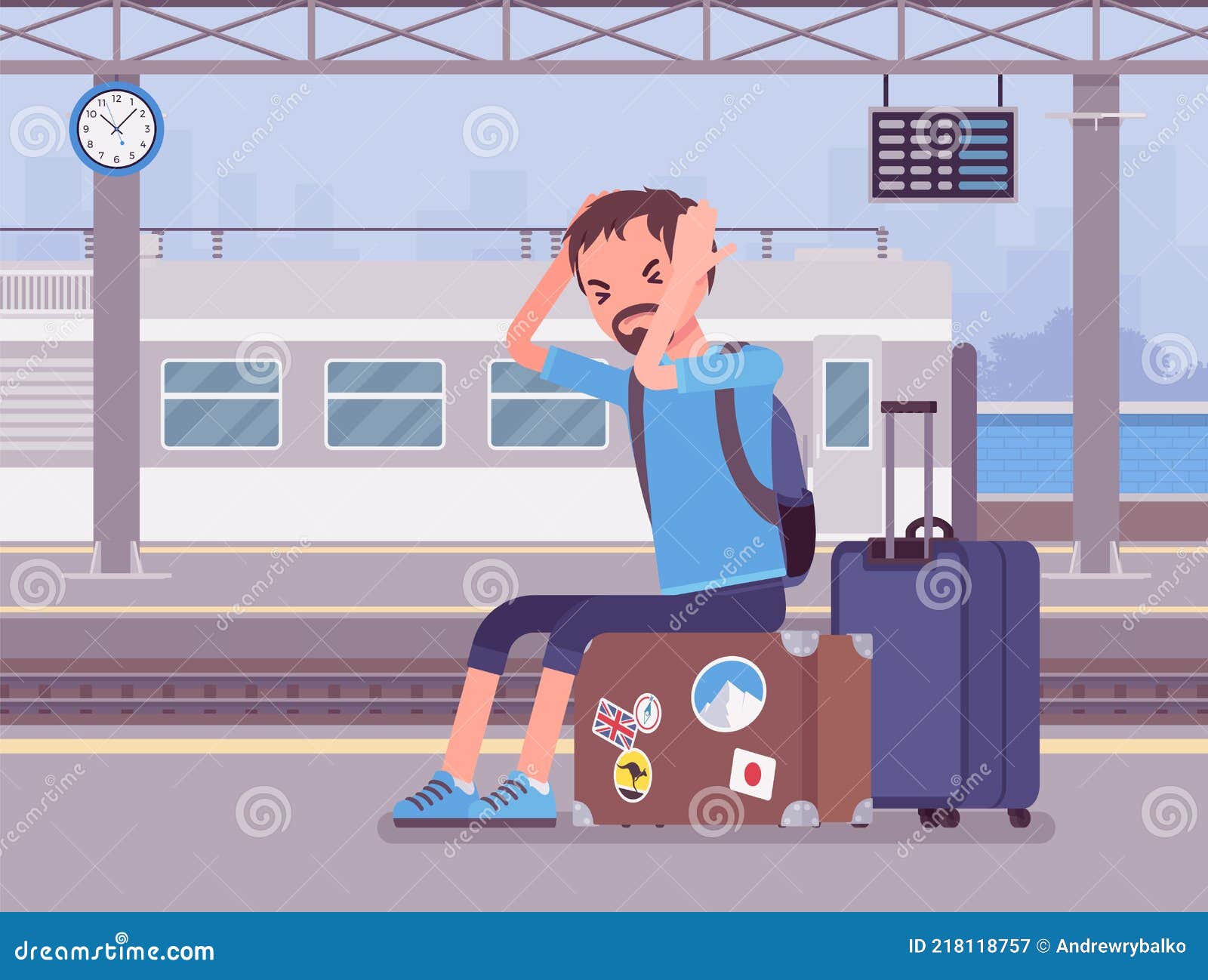 Boy Missing the Train, Left in Despair at Trainstation Stock Vector ...
