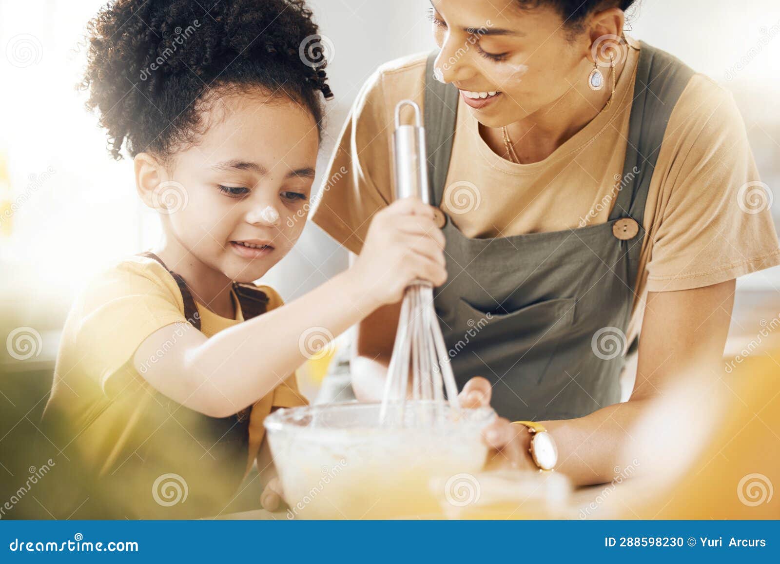 Boy, Mom and Baking in Kitchen, Teaching and Learning with Support ...