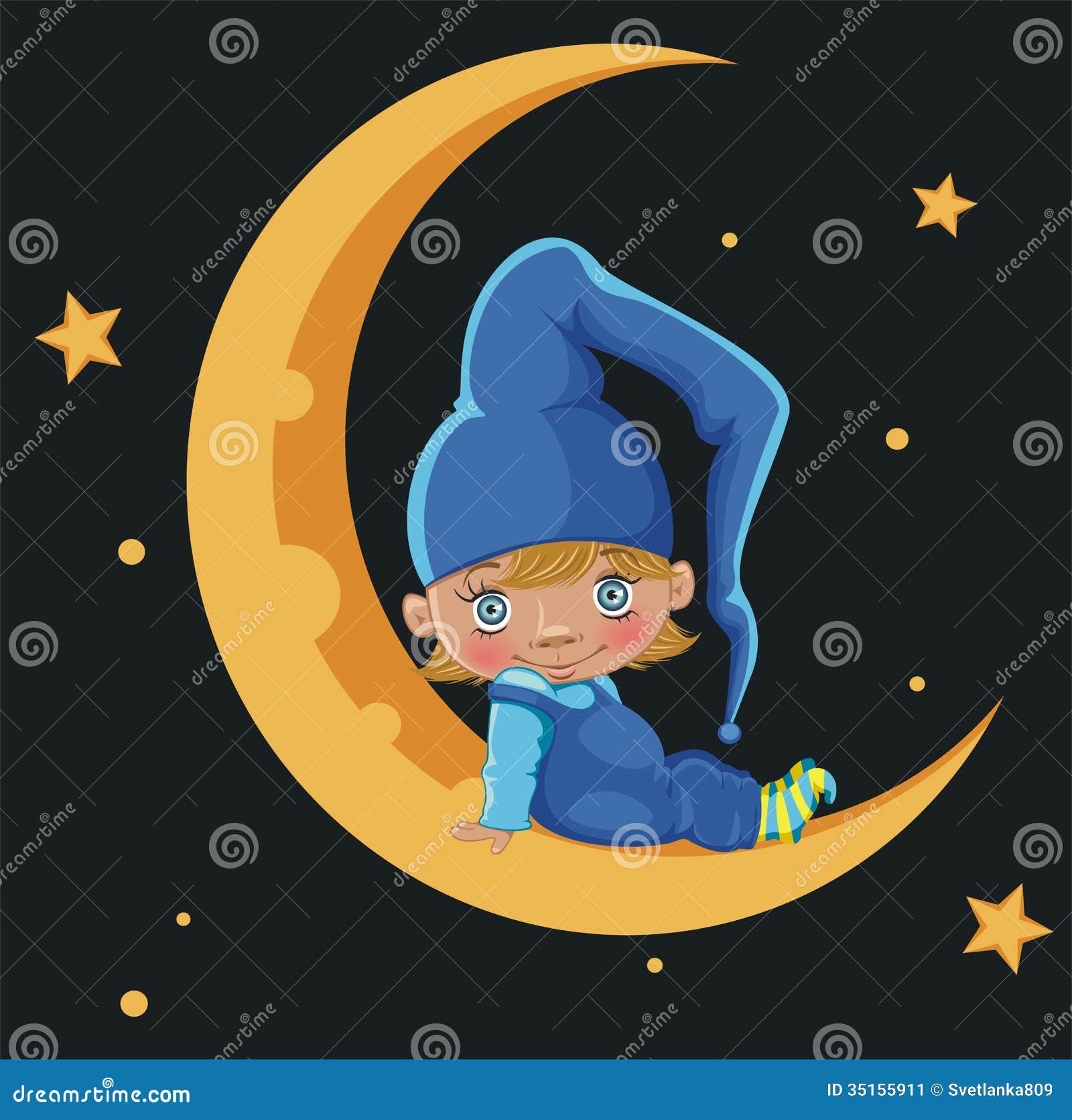 Boy on the moon stock vector. Illustration of night, dream - 35155911