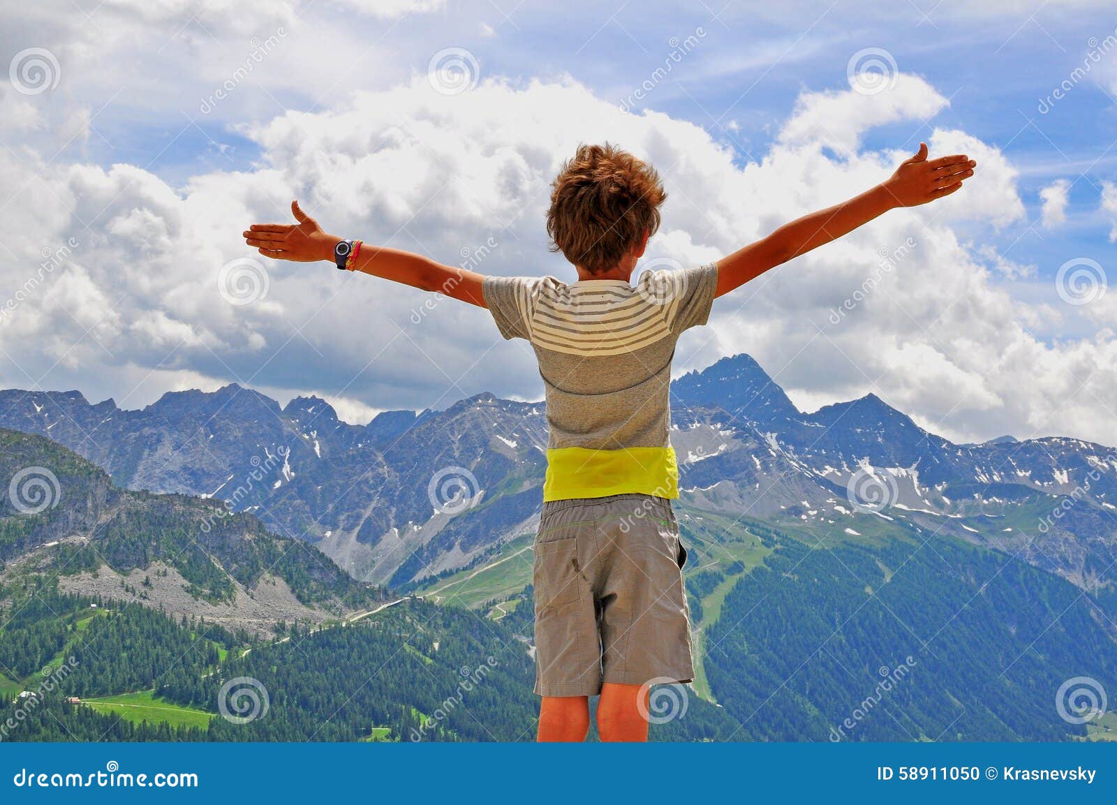Boy in mountains stock photo. Image of alps, alpine, view - 58911050