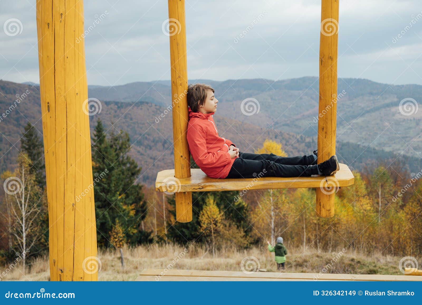 Boy in the Mountains on a Big Swing Stock Image - Image of people ...