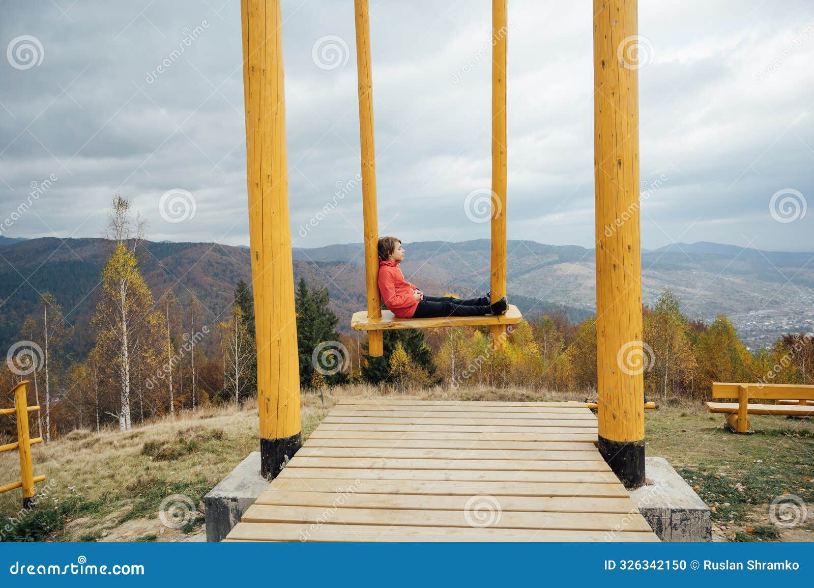 Boy in the Mountains on a Big Swing Stock Photo - Image of vacation ...