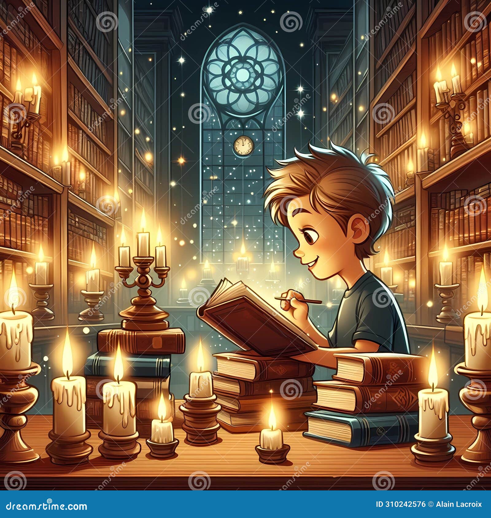 Boy nighttime study stock illustration. Illustration of study - 310242576