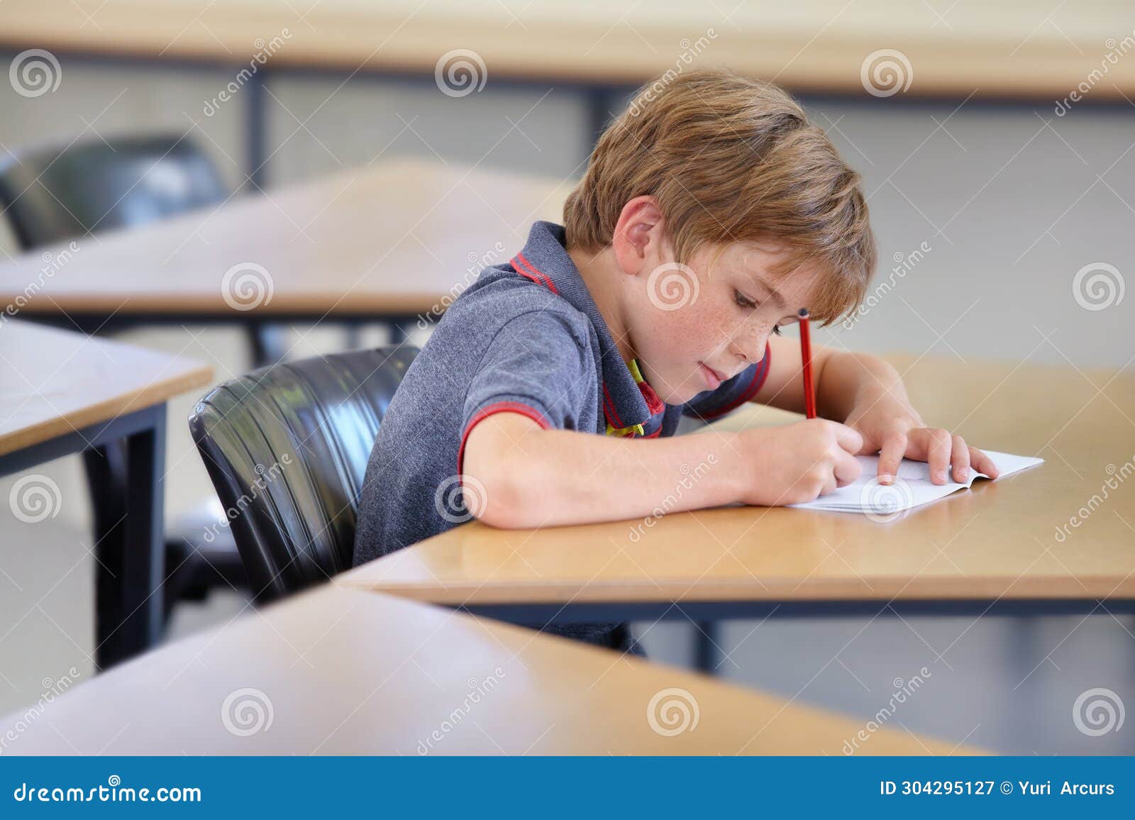 Boy, Notebook and Writing in School, Classroom or Studying Academic ...