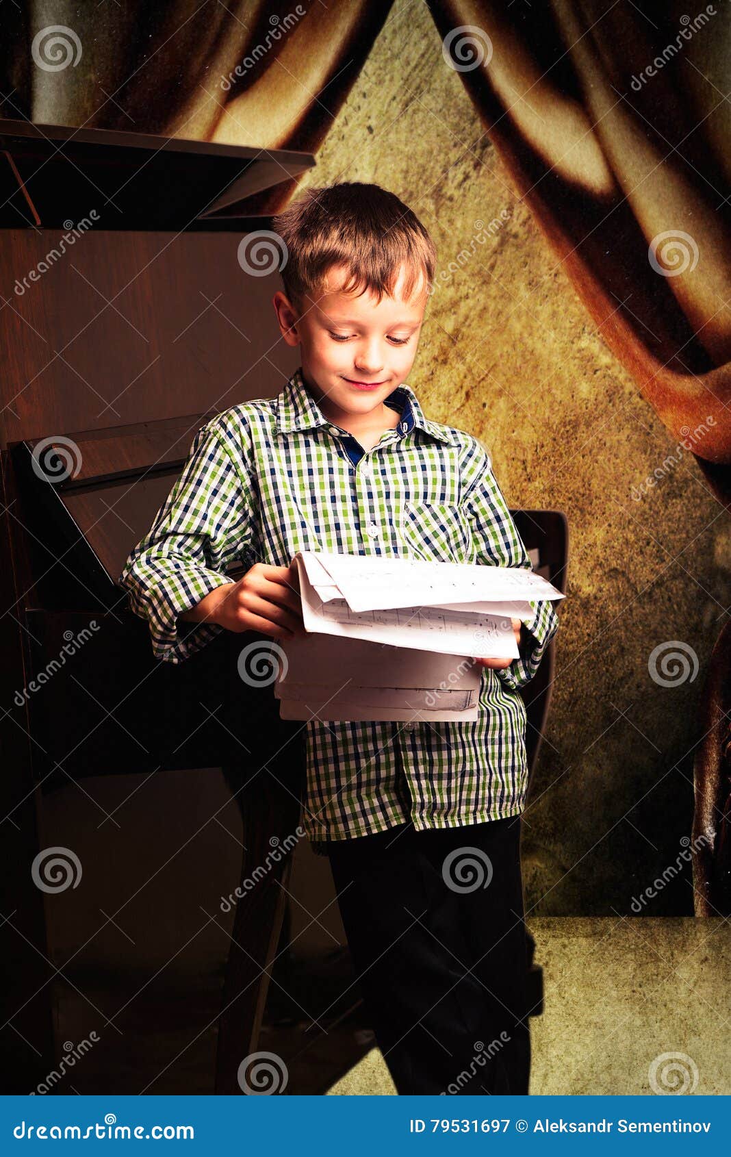 Boy with Notes in Their Hands Standing Around the Piano Stock Image ...