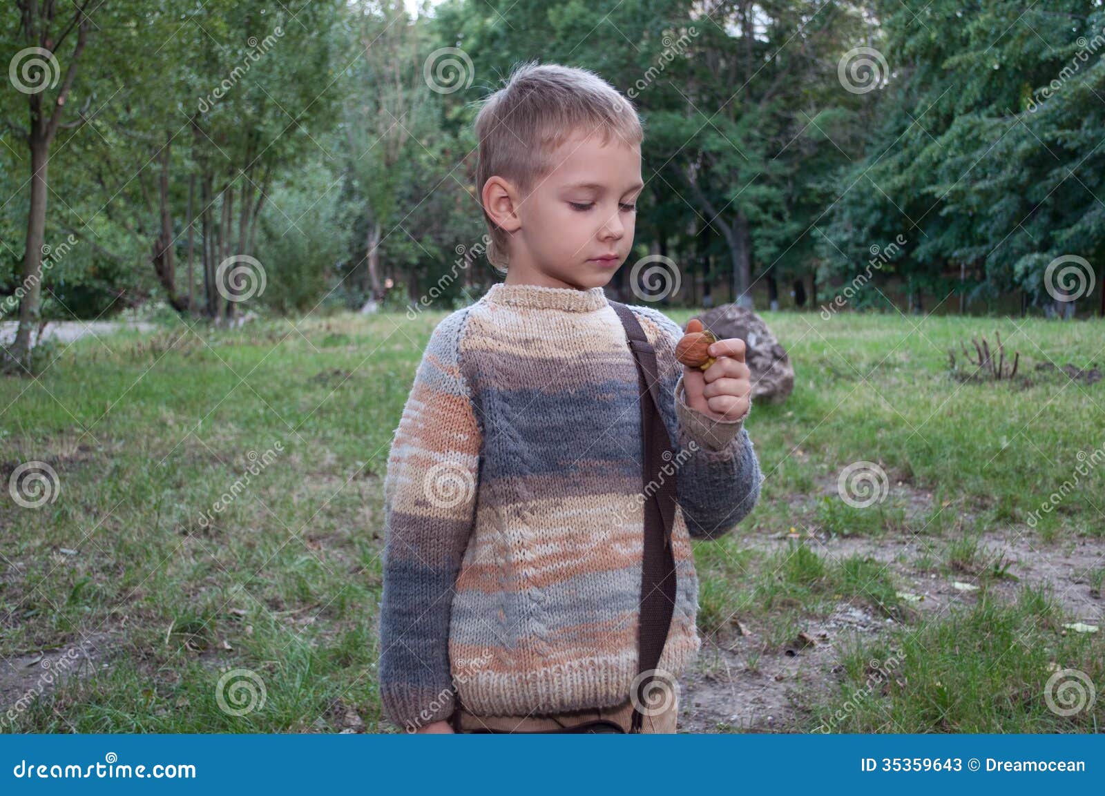 Boy with a nut stock image. Image of male, happy, park - 35359643