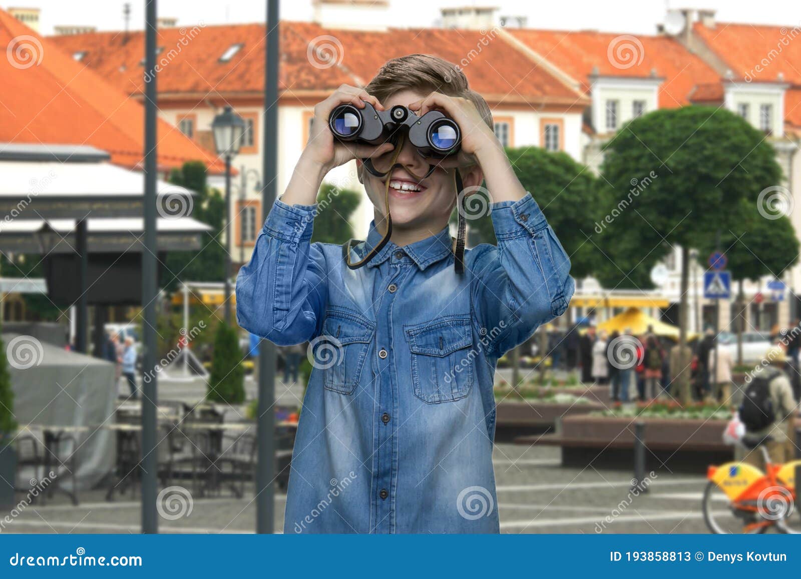 Boy Observing City Using Binoculars. Stock Image - Image of observer ...