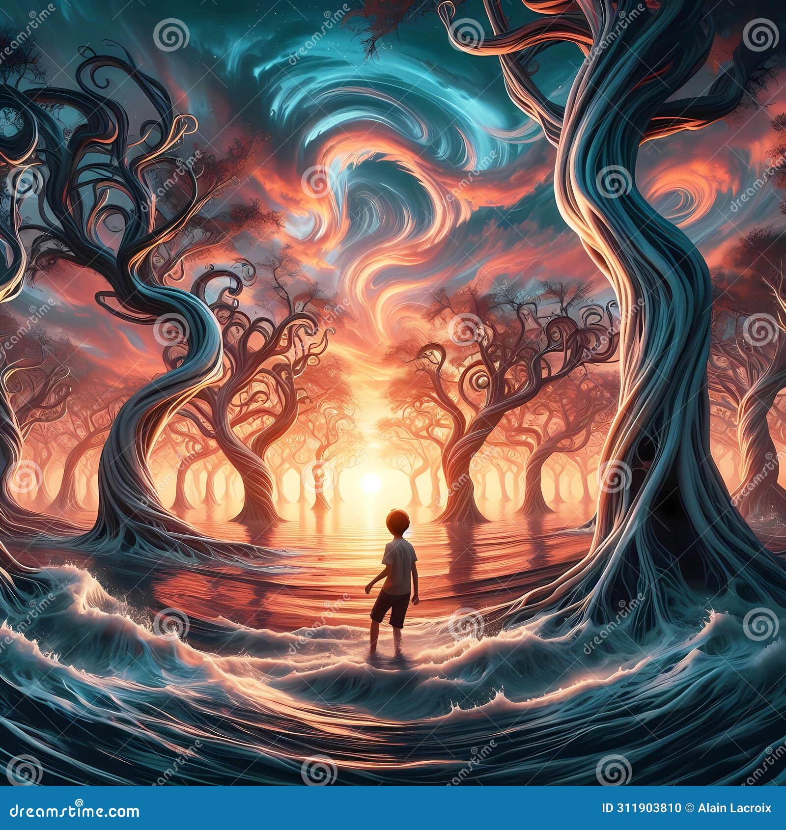 Boy Ocean Trees Surreal Landscape Stock Illustration - Illustration of ...