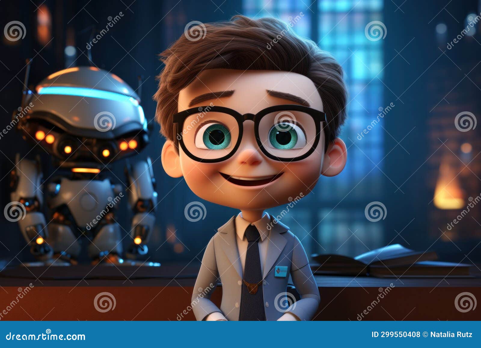 Boy, in the Office, Working Seriously with an Assistant Robot Stock ...