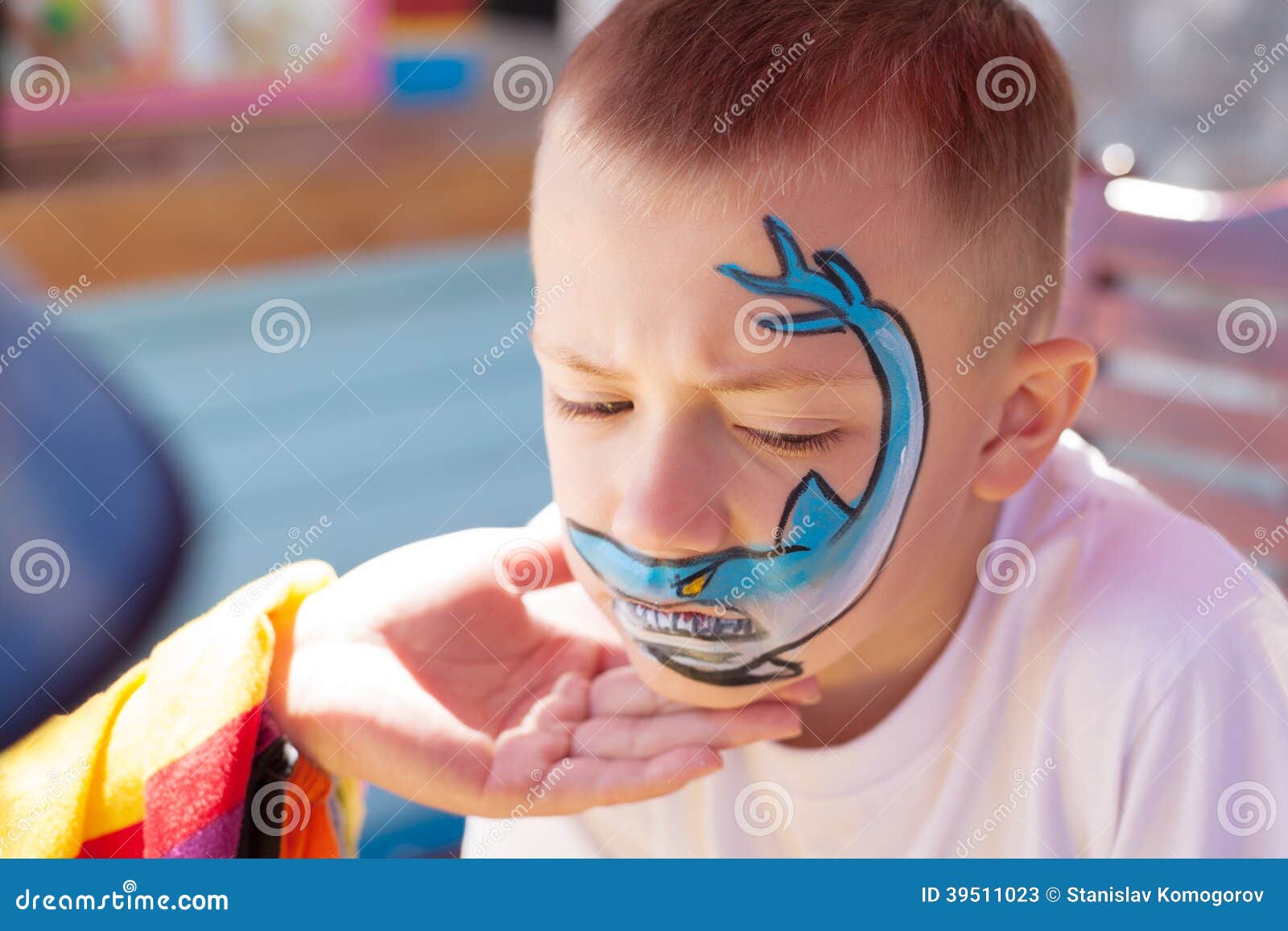 Boy Painting Face with Shark. Stock Image - Image of portrait, person ...