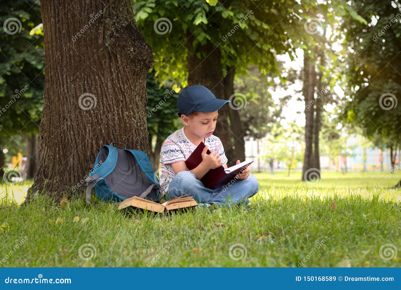 Boy in the Park Reading a Book Stock Image - Image of school, leisure ...