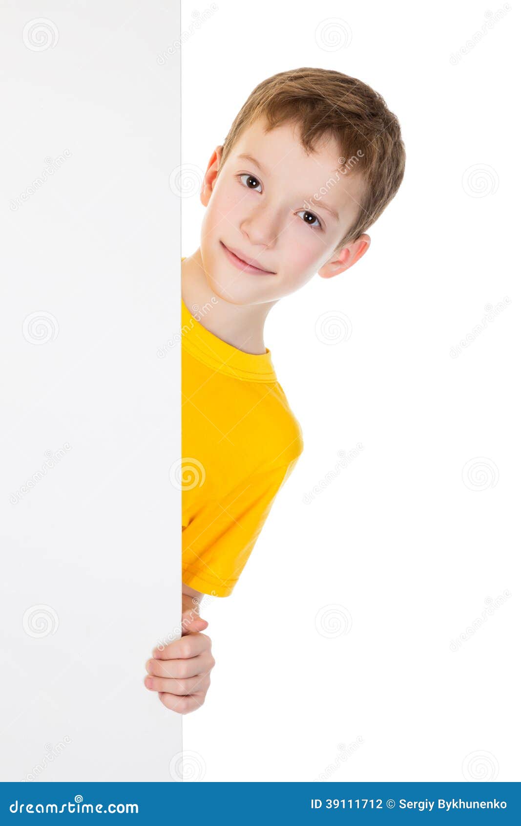 Boy Peek Out from Vertical White Banner Stock Photo - Image of ...