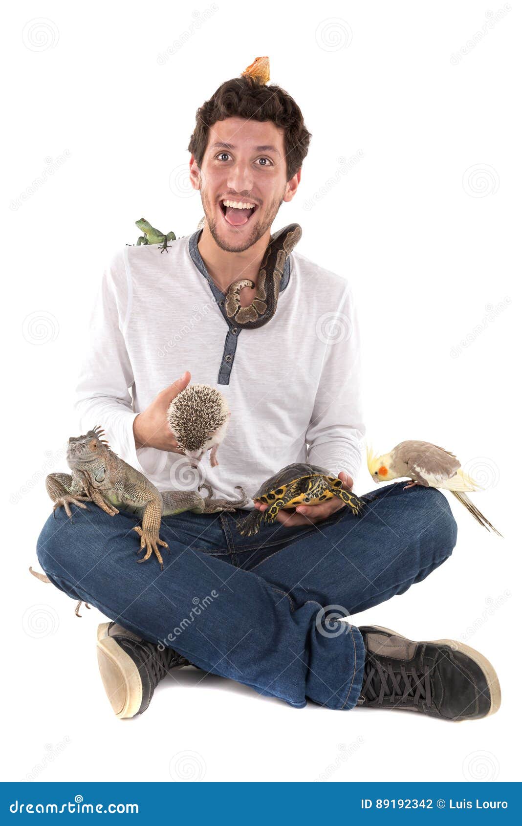 Boy with pets stock photo. Image of casual, studio, isolated - 89192342