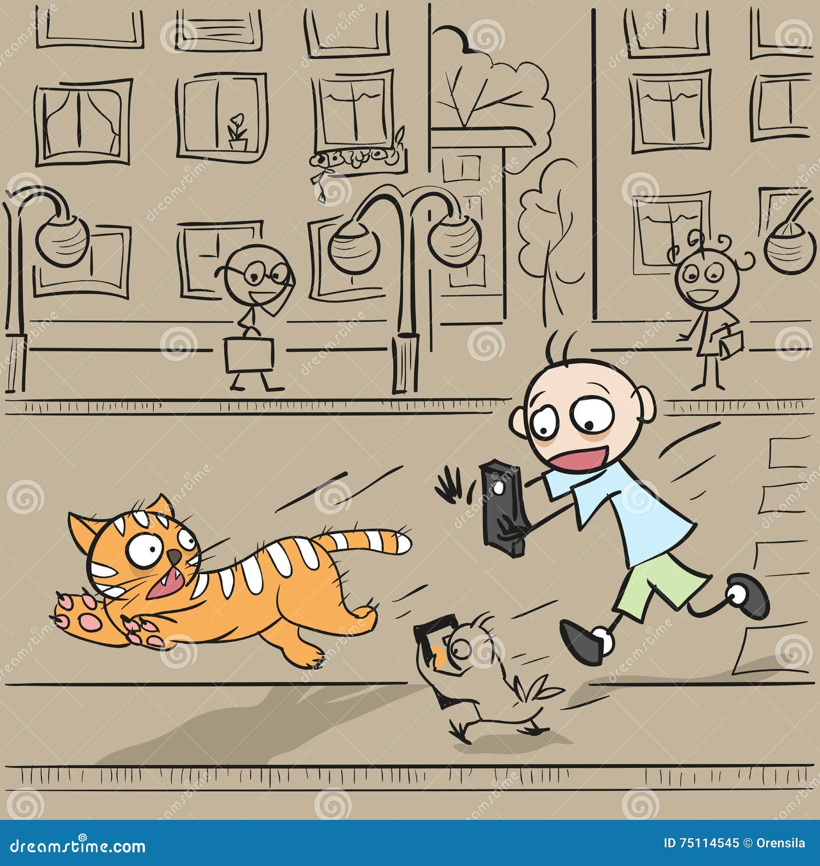 Boy with Phone Running for Cat Stock Vector - Illustration of phone ...