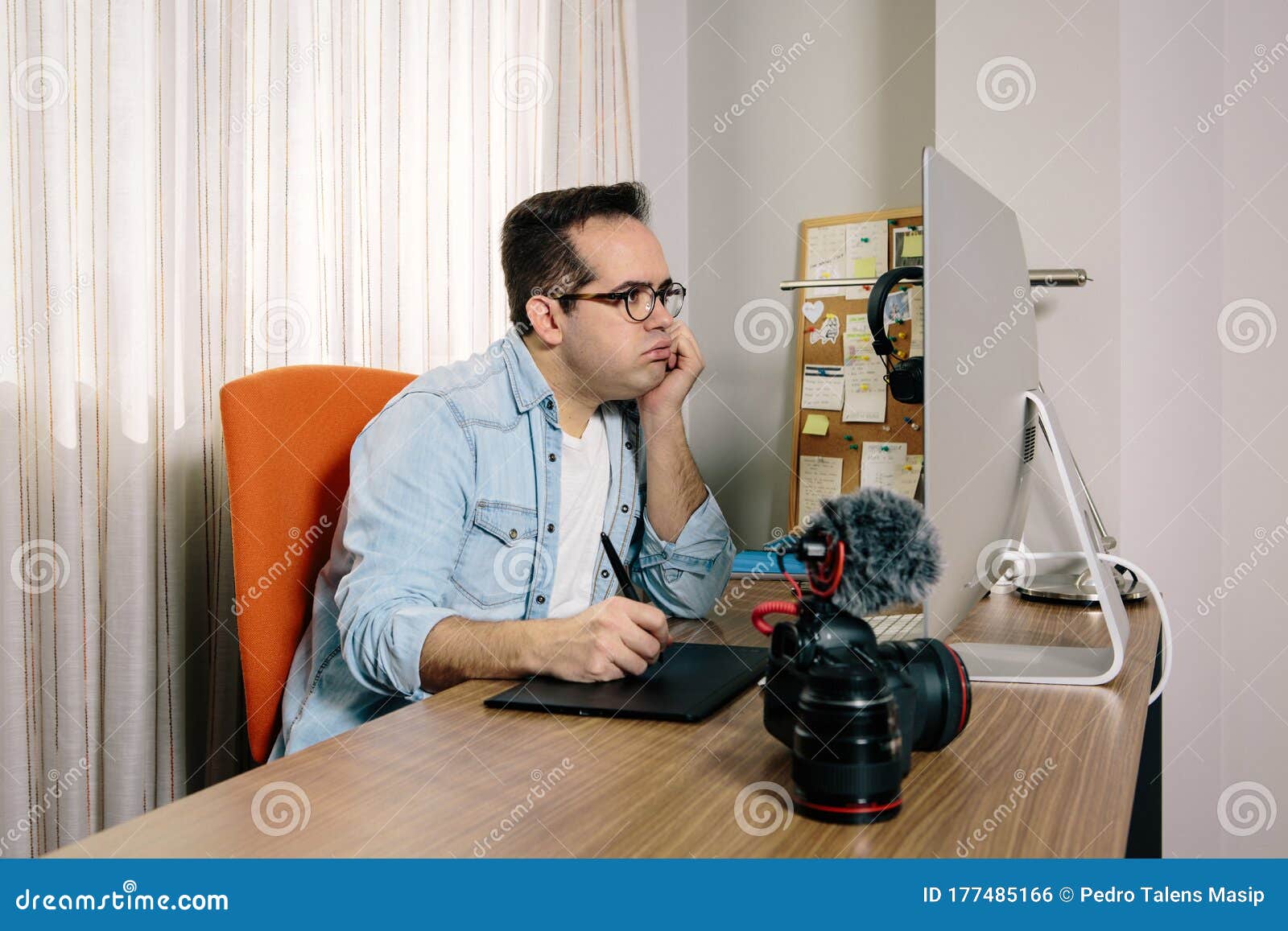 Boy Photographer Tired of Working from Home with His Computer. on the ...