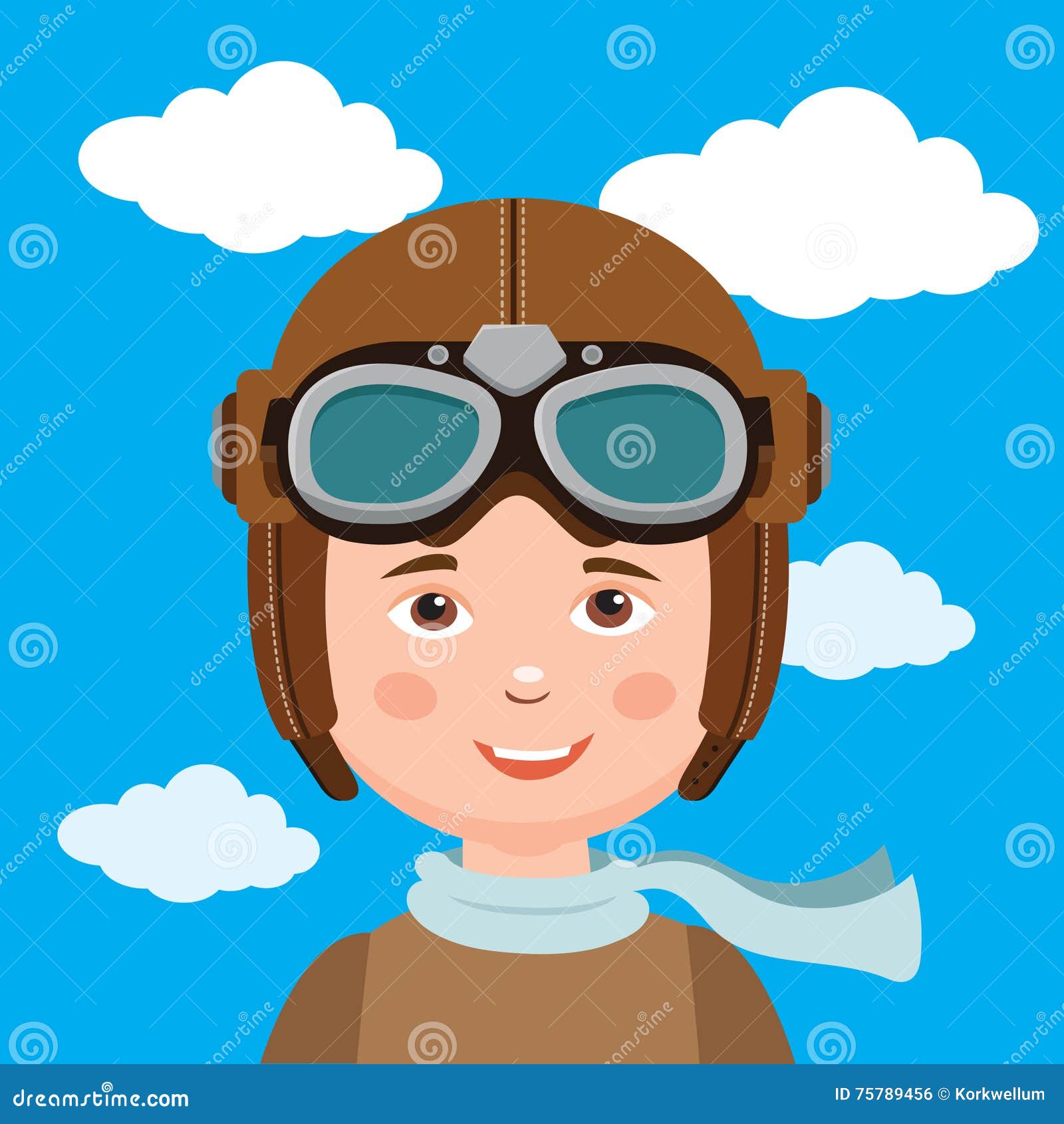 Boy Pilot Hat. Young Boy Pilot Against Sky Background. Stock Vector ...