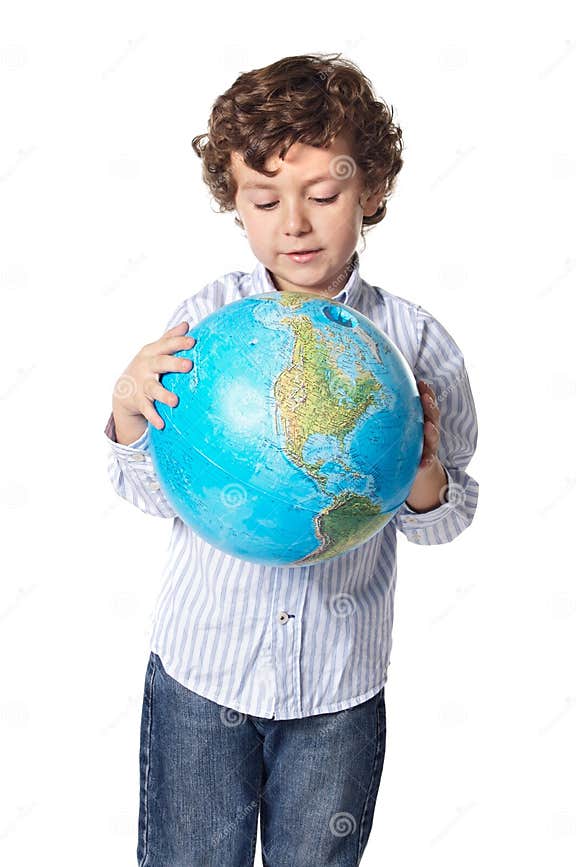Boy and the planet earth stock photo. Image of countries - 1561810