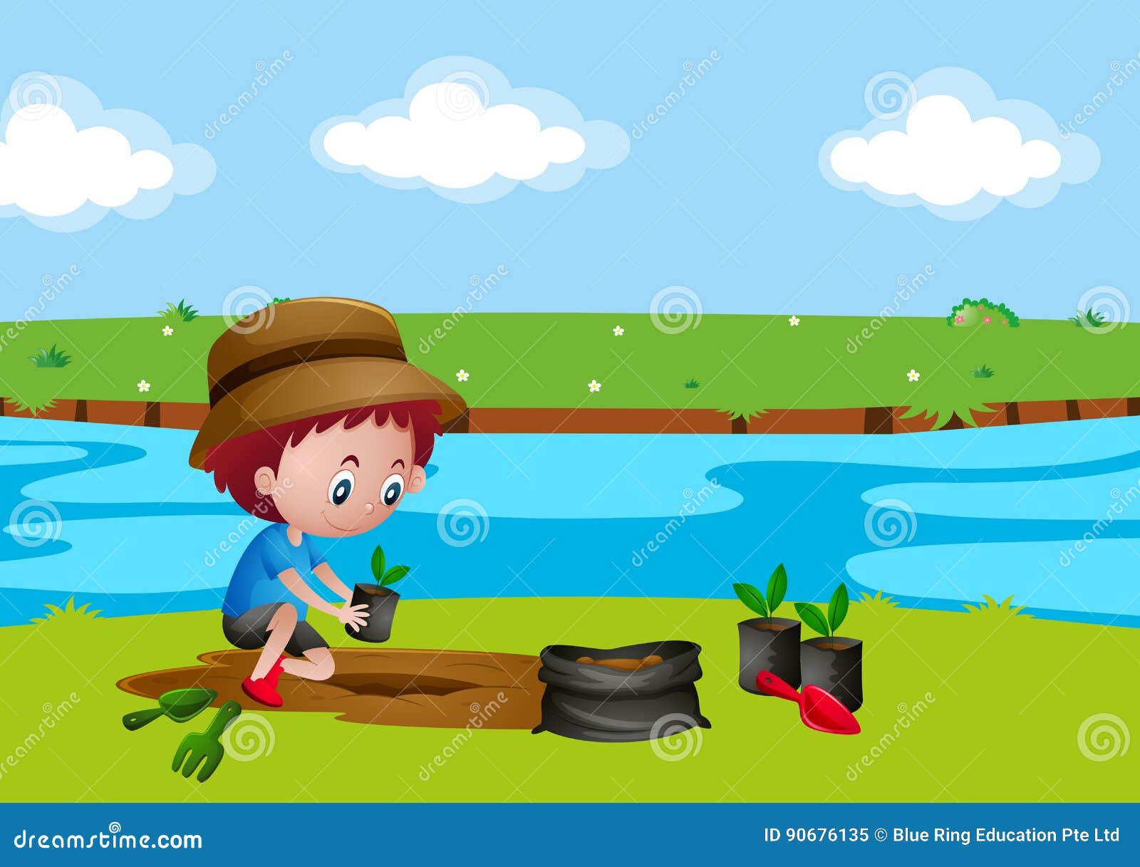 Boy Planting Tree by the River Stock Vector - Illustration of young ...
