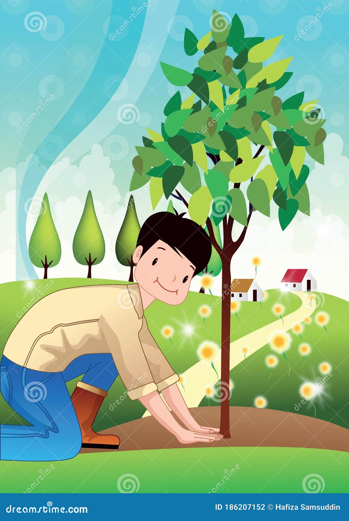 Boy Planting Trees. Vector Illustration Decorative Design Stock Vector ...