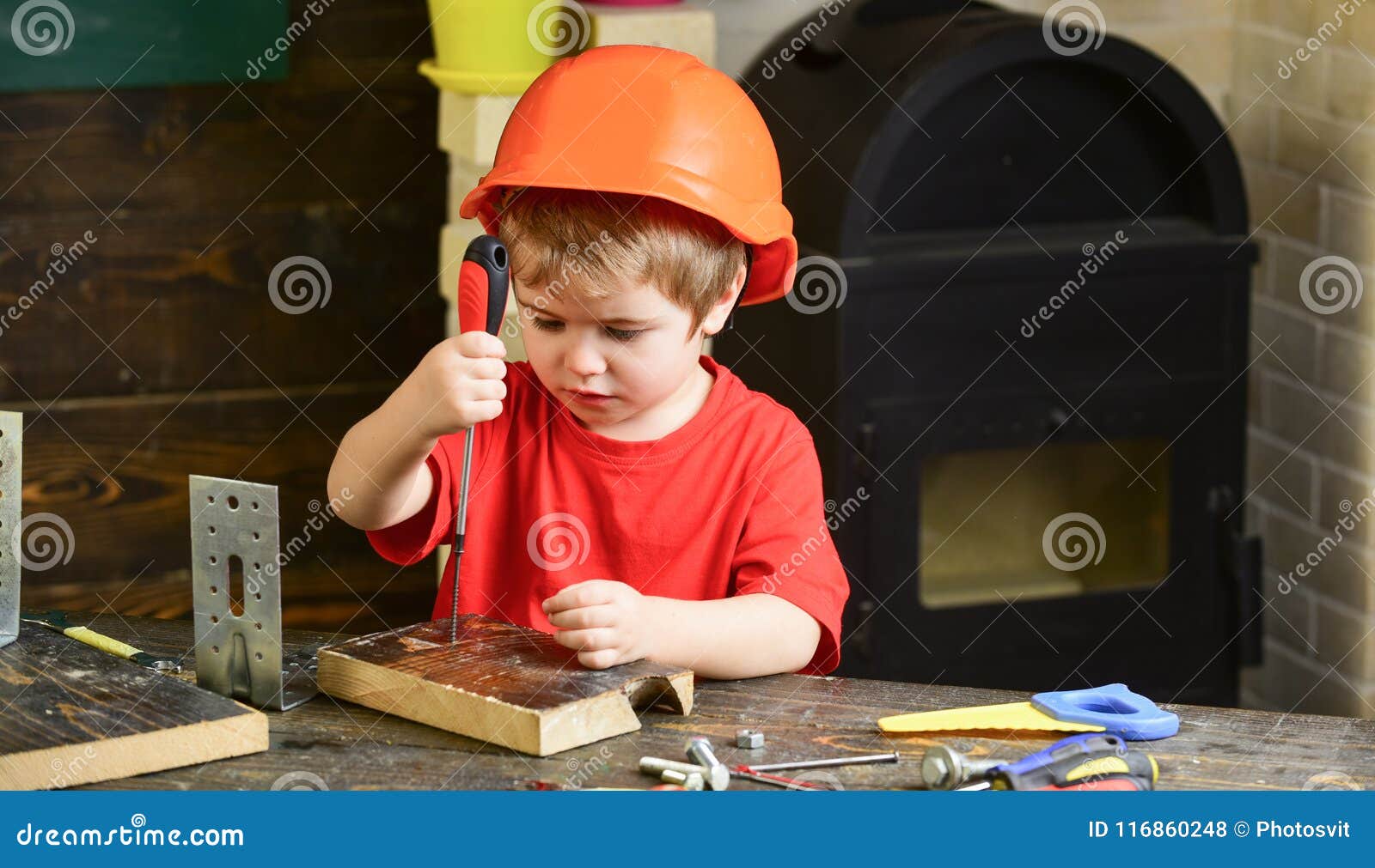 Boy Play As Builder or Repairer, Work with Tools. Kid Boy in Orange ...