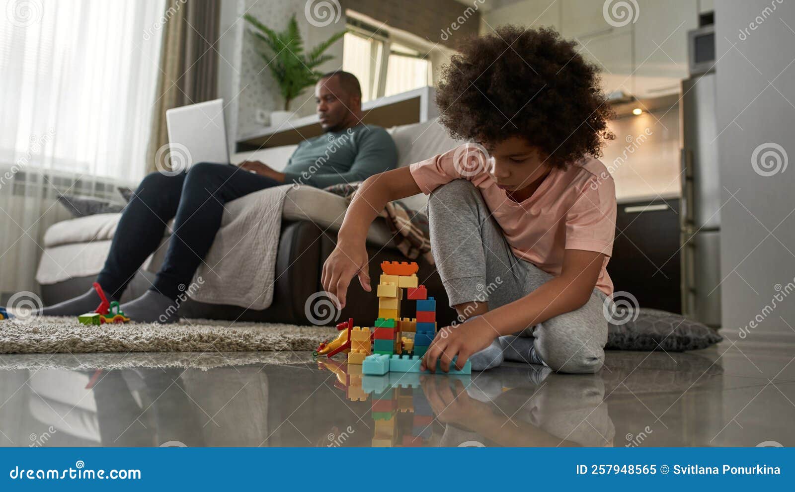Boy Play with Constructor while Dad Type on Laptop Stock Image - Image ...