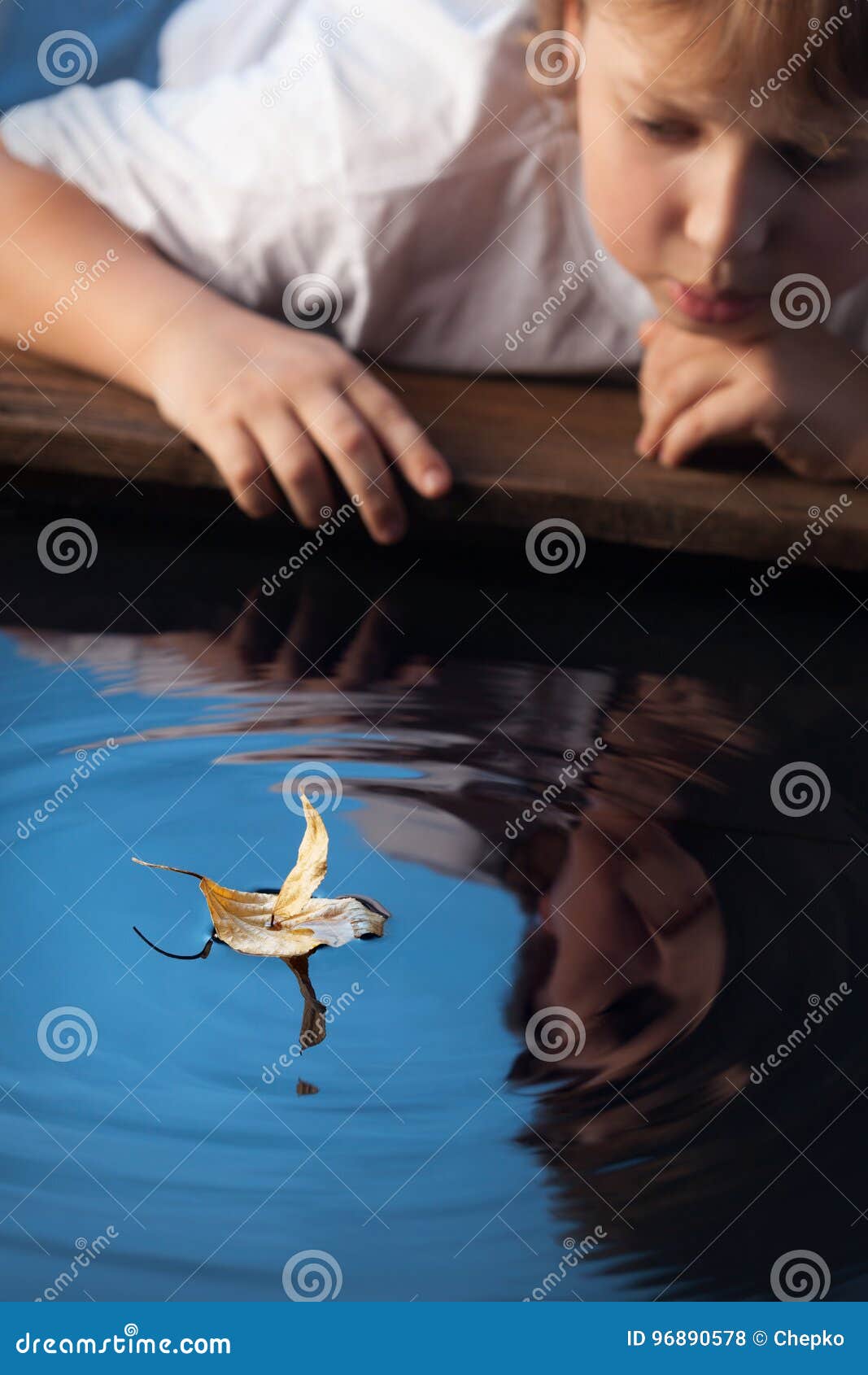 Boy Play with Leaf Ship in Water Stock Photo - Image of human, nature ...