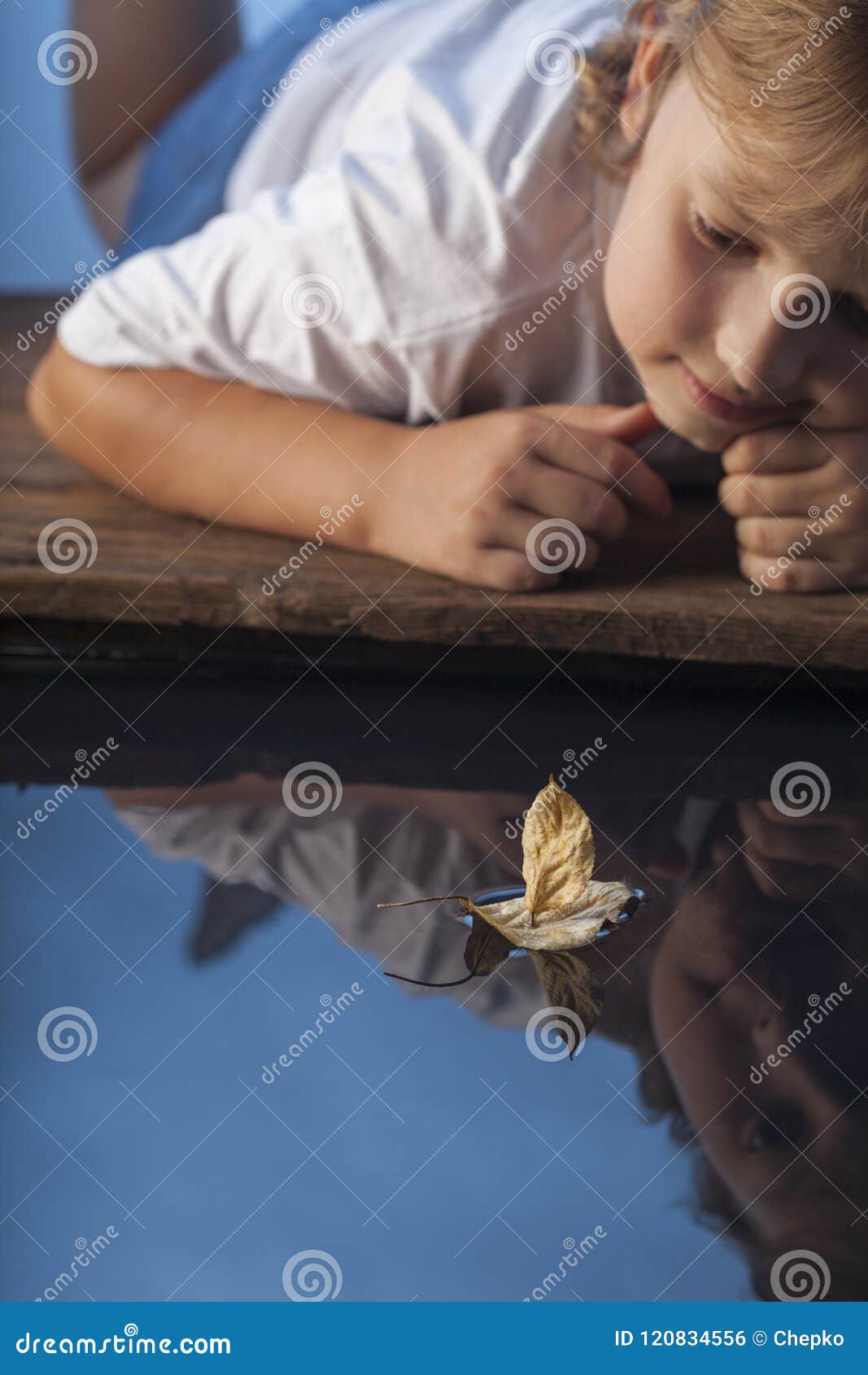 Boy Play with Leaf Ship in Water Stock Photo - Image of beauty ...