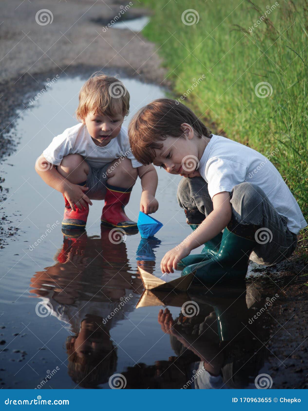 2 Boy Play in Puddle Summer Day Stock Image - Image of little ...