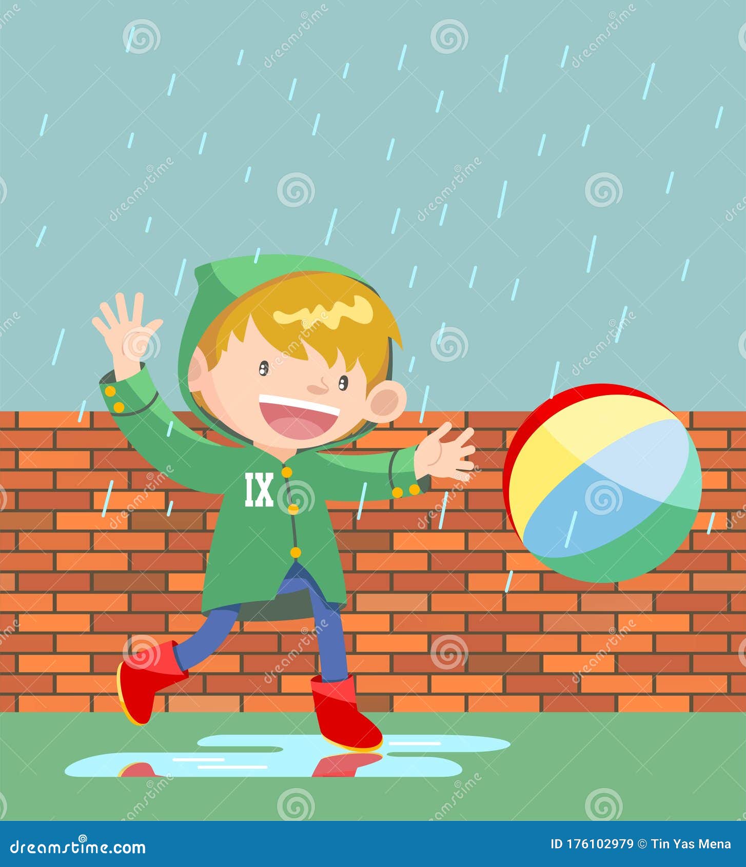 Boy Playing Ball Under Rain Stock Vector - Illustration of ball, grass ...
