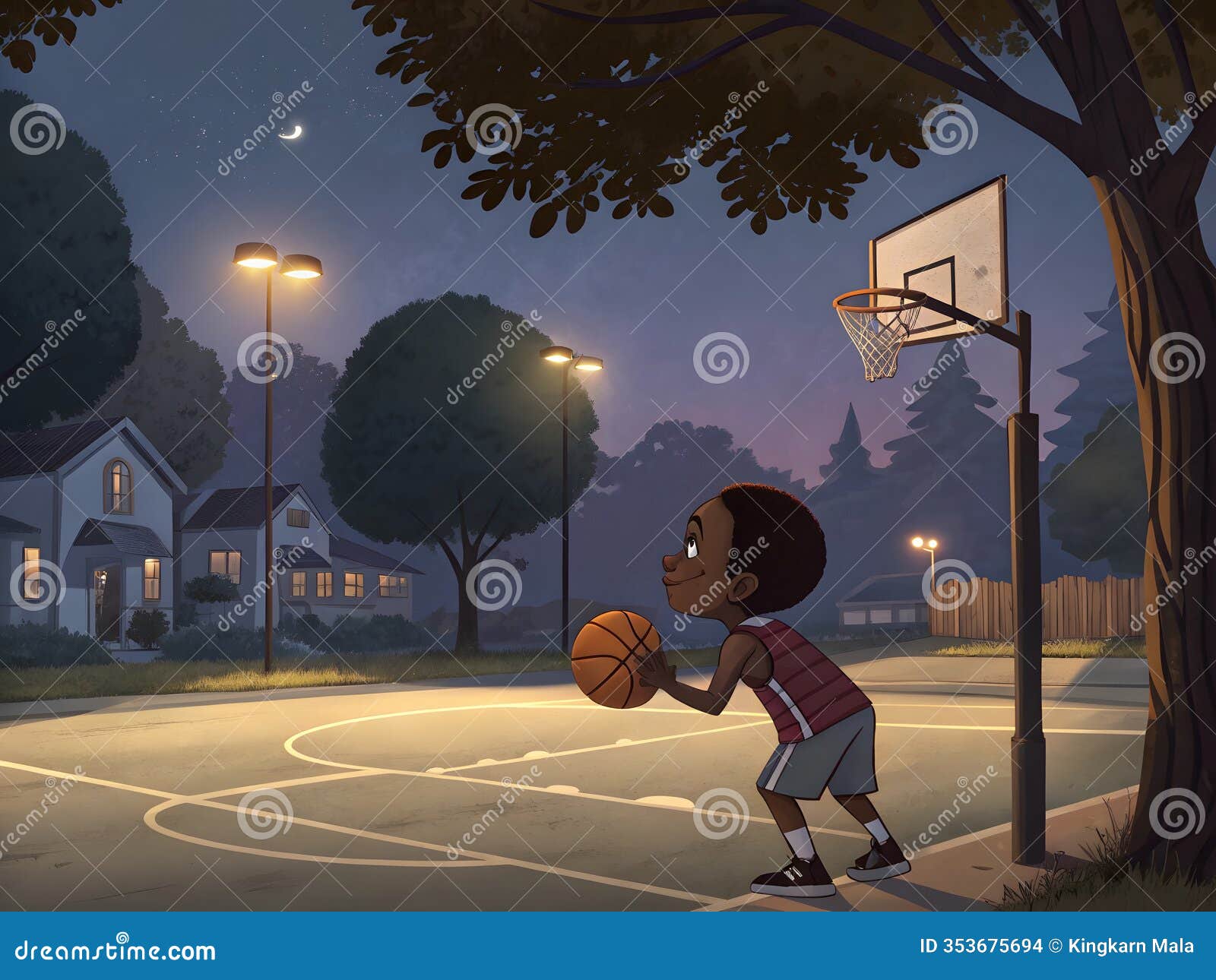 Boy Playing Basketball Alone in the Field at Night Stock Illustration ...