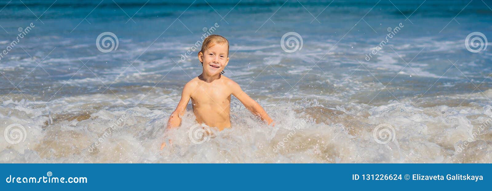 Boy Playing on the Beach in the Water BANNER, LONG FORMAT Stock Photo ...